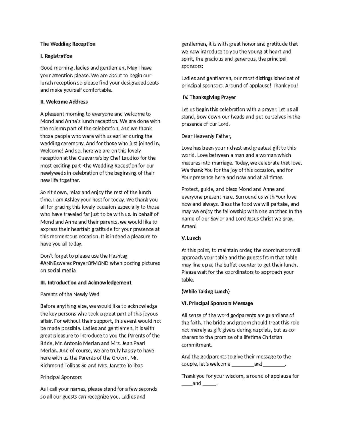 The-Wedding-Reception-Program - The Wedding Reception I. Registration ...
