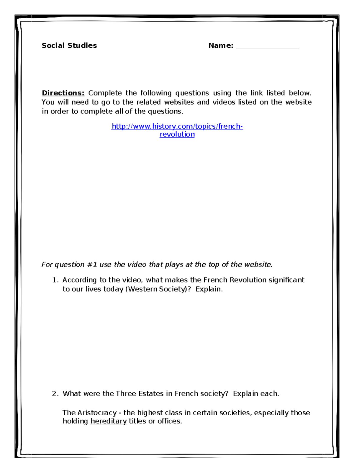 French Revolution Webquest - Social Studies Name: Directions: Complete ...