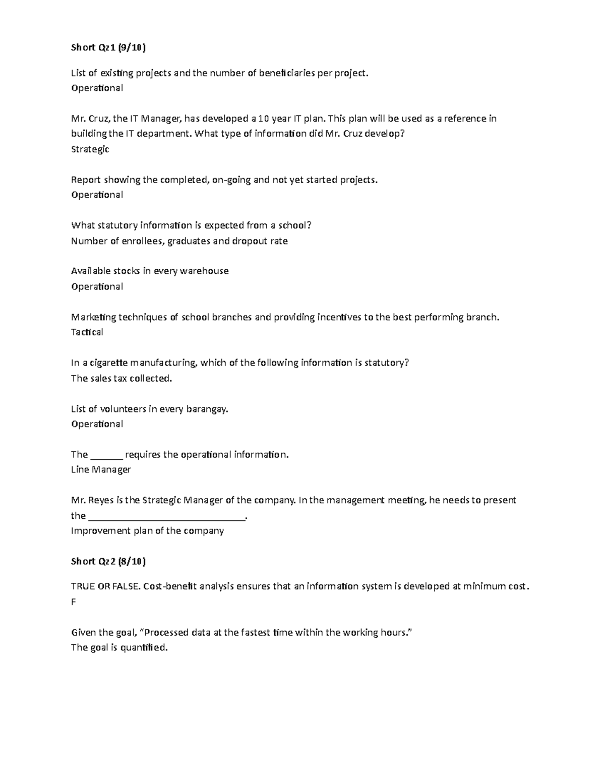 Pdfcoffee - Answer keys to the subject System Analysis Design and Development - Short Qz1 (9/10 ...