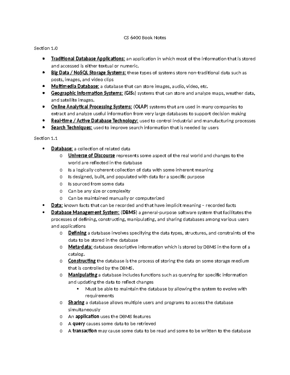 Exam1 Book Notes B - CS 6400 Book Notes Section 1. Traditional Database ...
