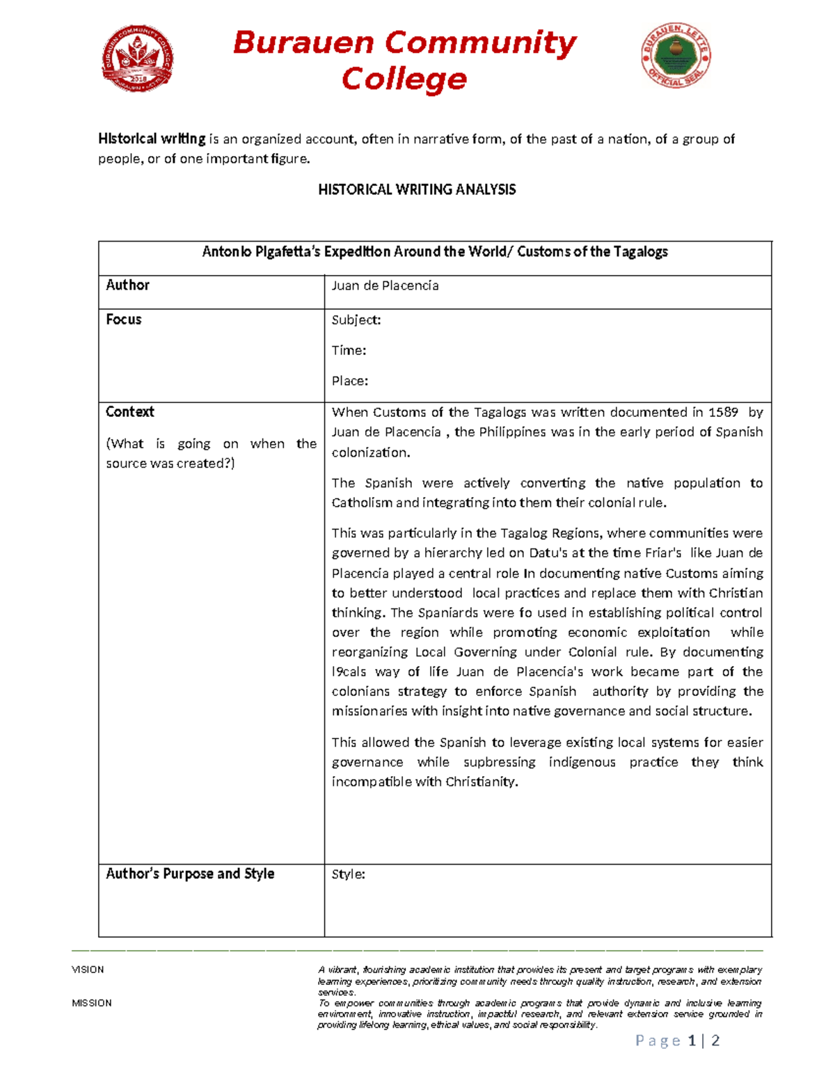 Historical- Writing- Template - Burauen Community College Burauen ...