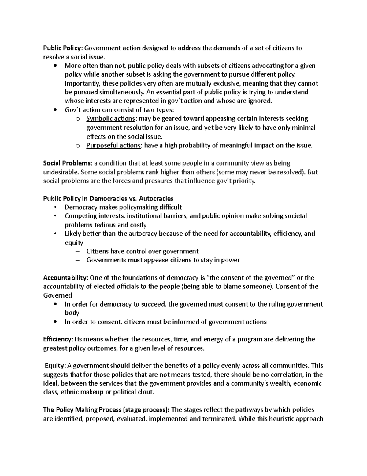 Public Policy Test 1 - study guide - Public Policy: Government action ...