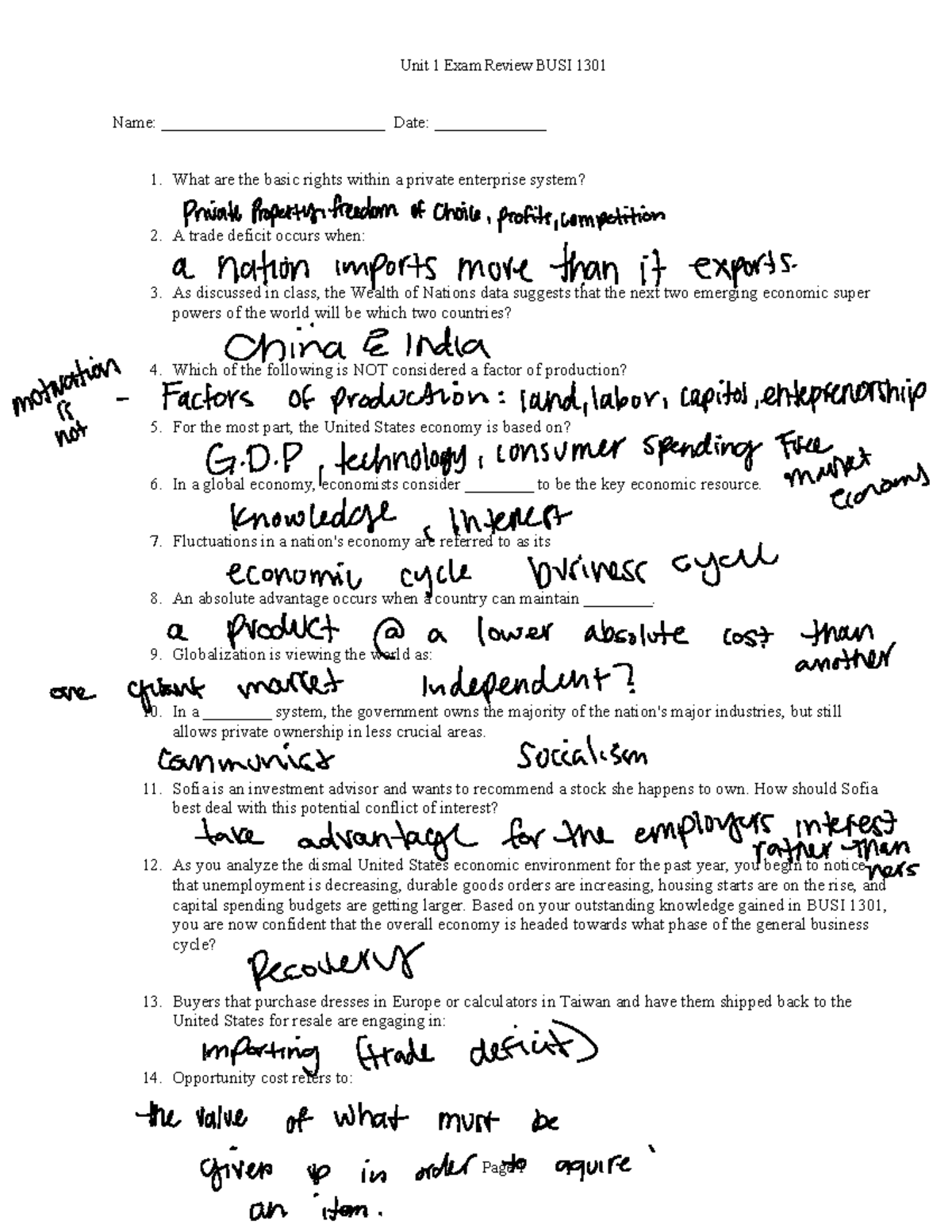 Business review - Unit 1 Exam Review BUSI 1301 Name ...