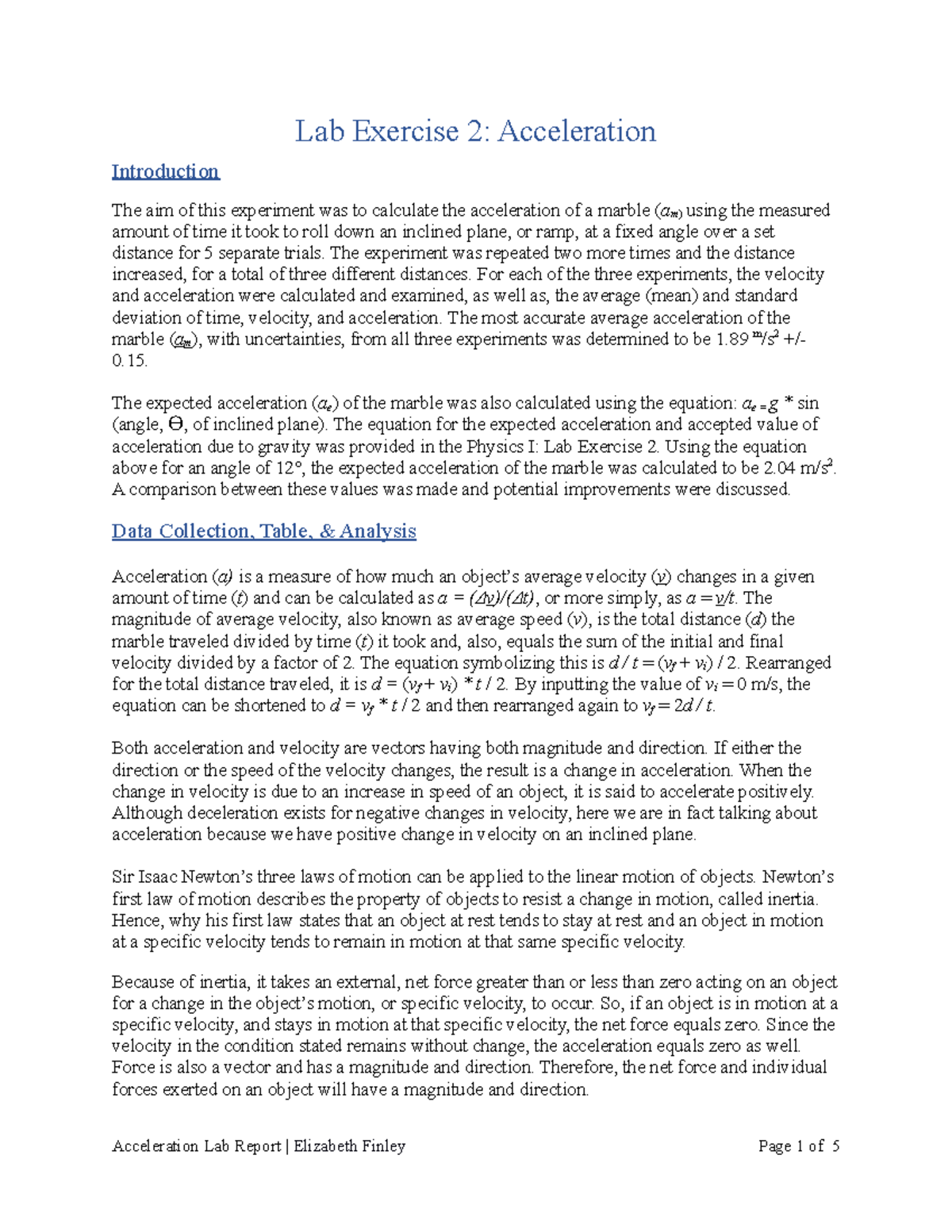 Docx - physics - Lab Exercise 2: Acceleration Introduction The aim of ...