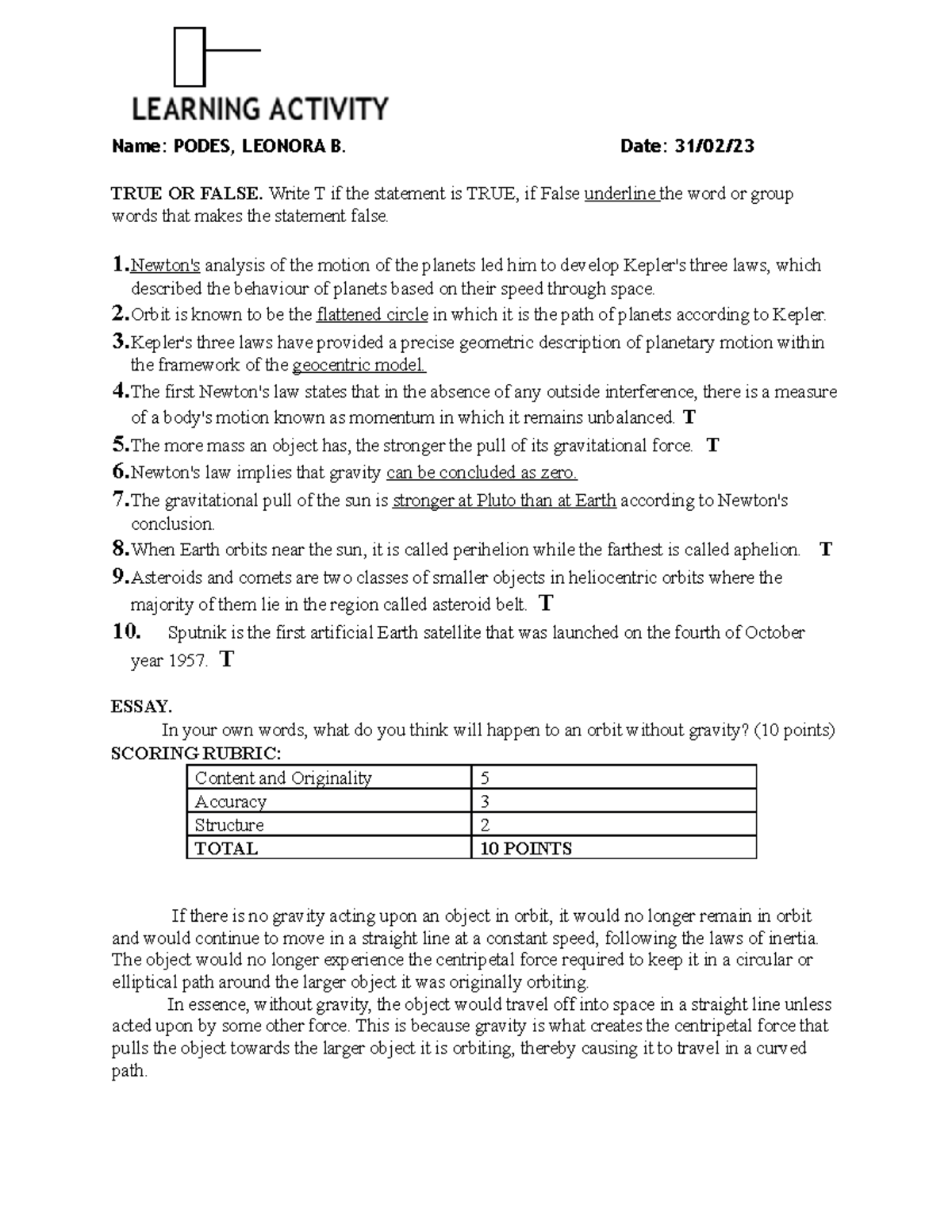 Module 1 Lesson 3 Astronomy Learning- Activity-3- Orbits-AND- Gravity ...