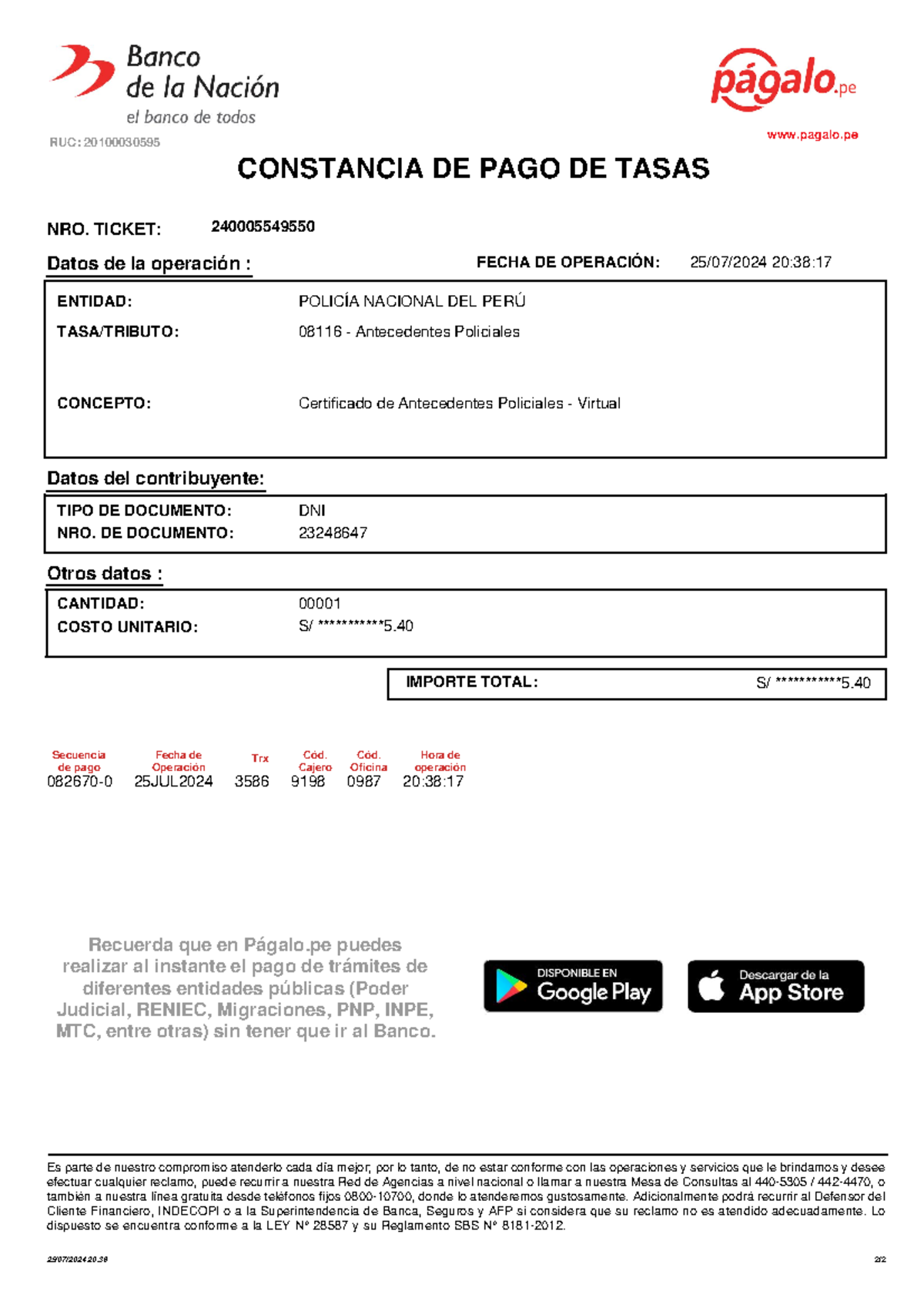 Descargar Constancia Token - CONSTANCIA DE PAGO DE TASAS RUC: 20100030595 pagalo FECHA DE ...