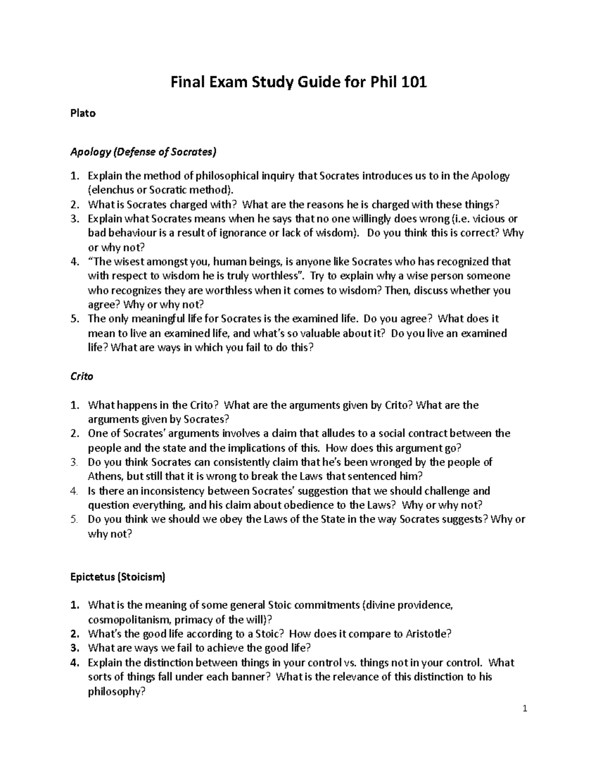Final Practice Exam - Final Exam Study Guide for Phil 101 Plato Apology ...