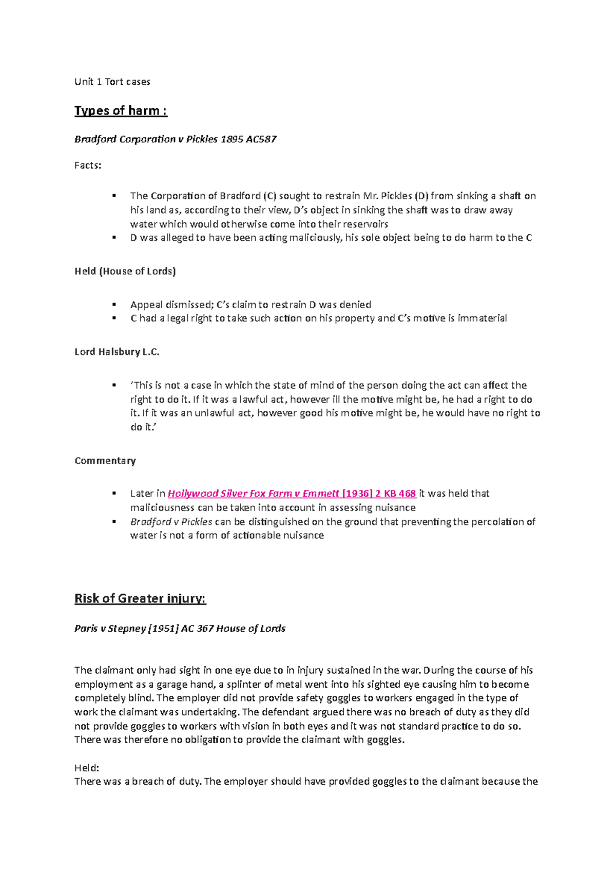 Unit 1 Tort cases for liability - Unit 1 Tort cases Types of harm ...