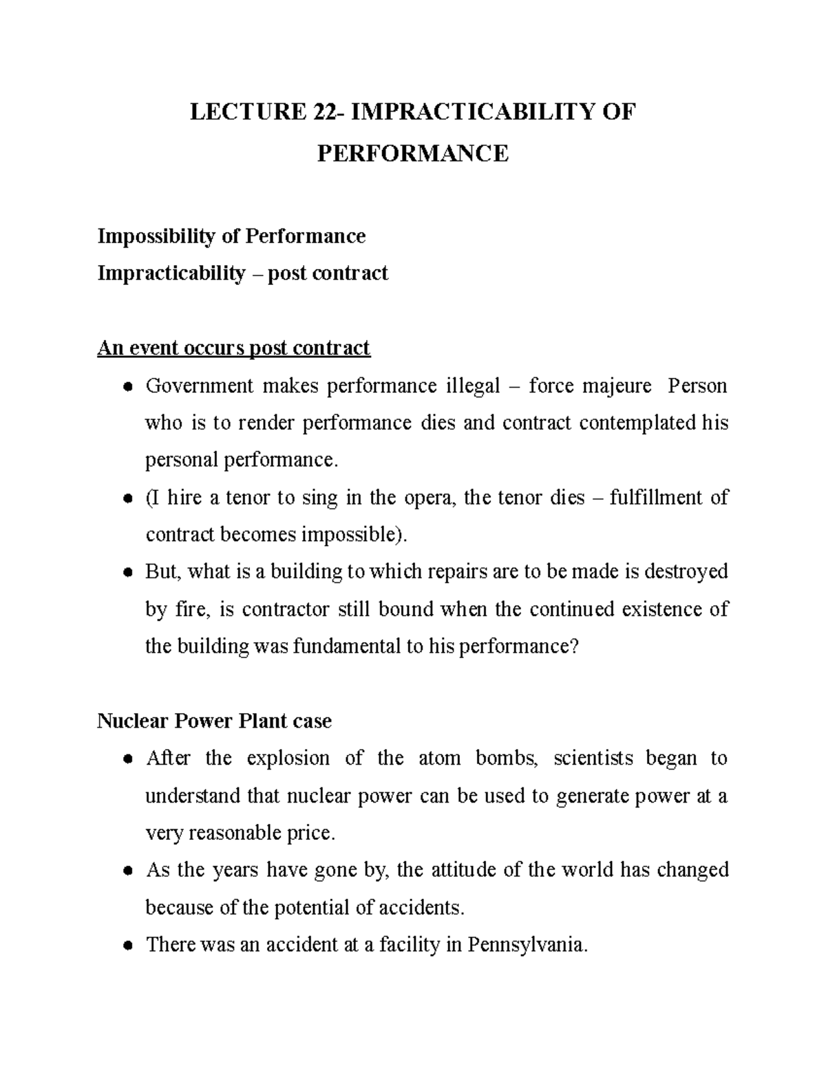 CL-22 - Lecture notes 22 - LECTURE 22- IMPRACTICABILITY OF PERFORMANCE ...