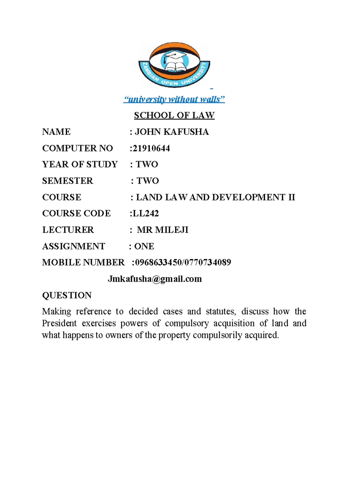 Land law compulsory acquisition - “university without walls” SCHOOL OF ...