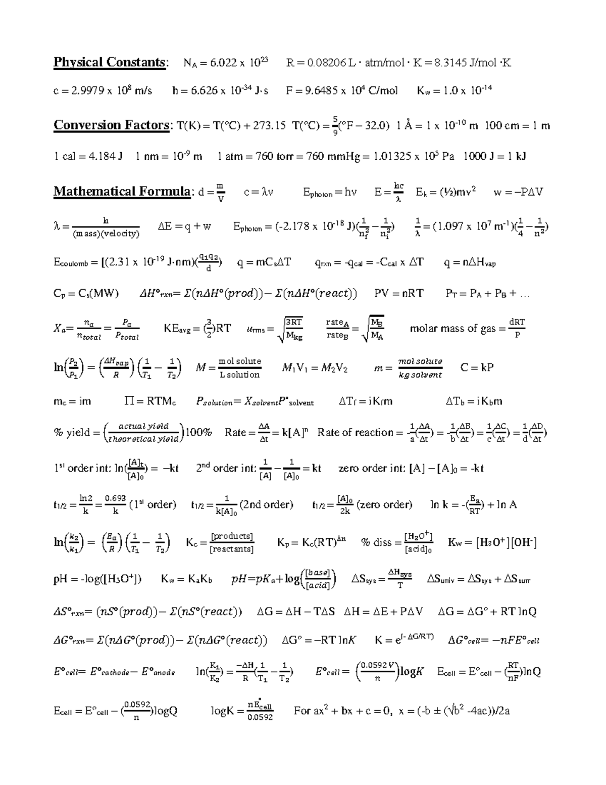 TU Equation Sheet and Periodic Table-1 - Physical Constants: NA = 6 x ...