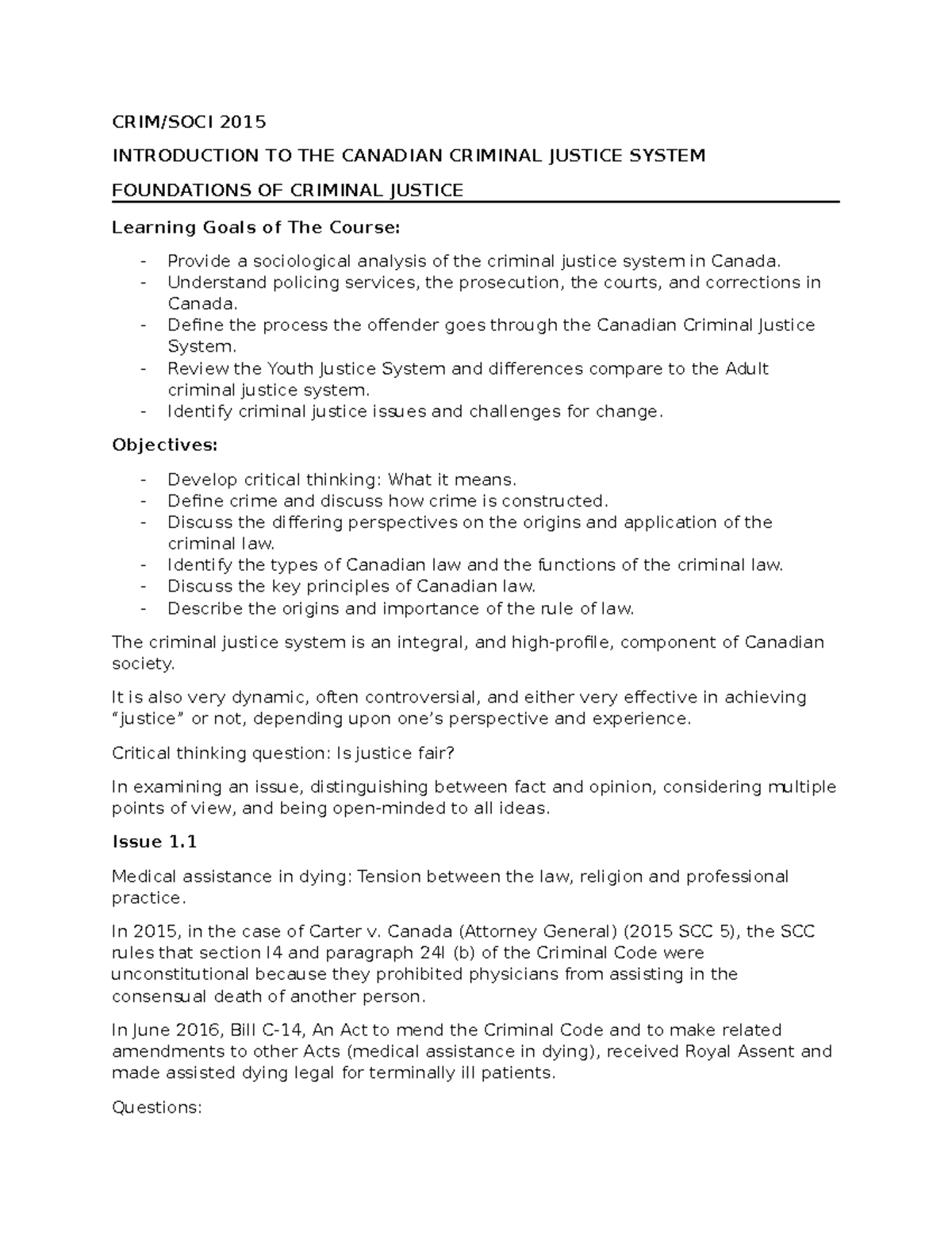 CRIM2015 Summary - CRIM/SOCI 2015 INTRODUCTION TO THE CANADIAN CRIMINAL ...