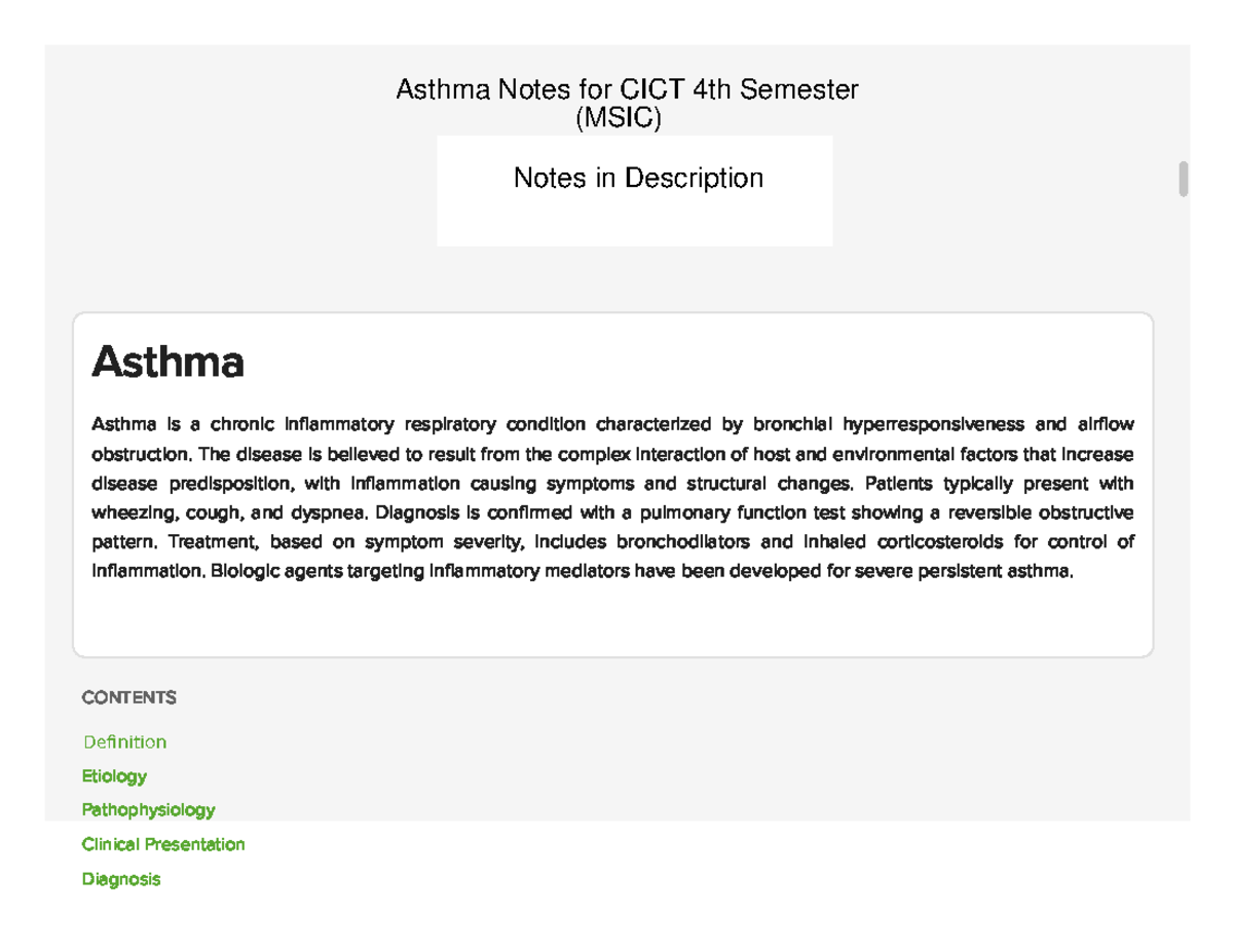Asthma Notes Descriptive - Asthma Asthma is a chronic inammatory ...