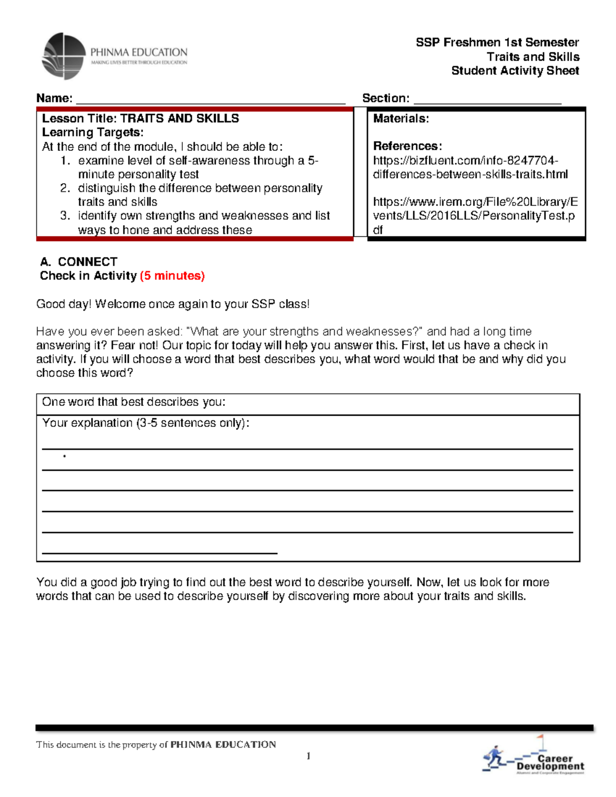 6) Freshmen Sem 1 Traits and SKills (SAS) - Traits and Skills Student ...