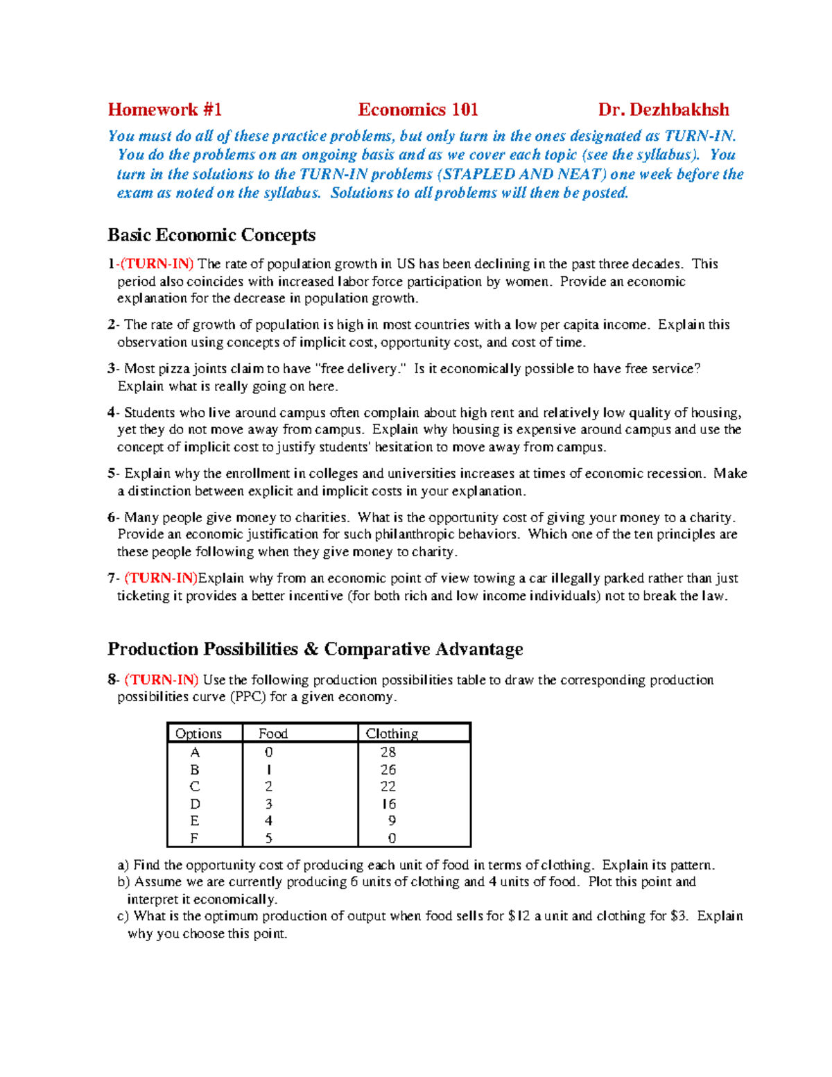 Basic Economic Concepts Homework #1 - Homework #1 Economics 101 Dr ...