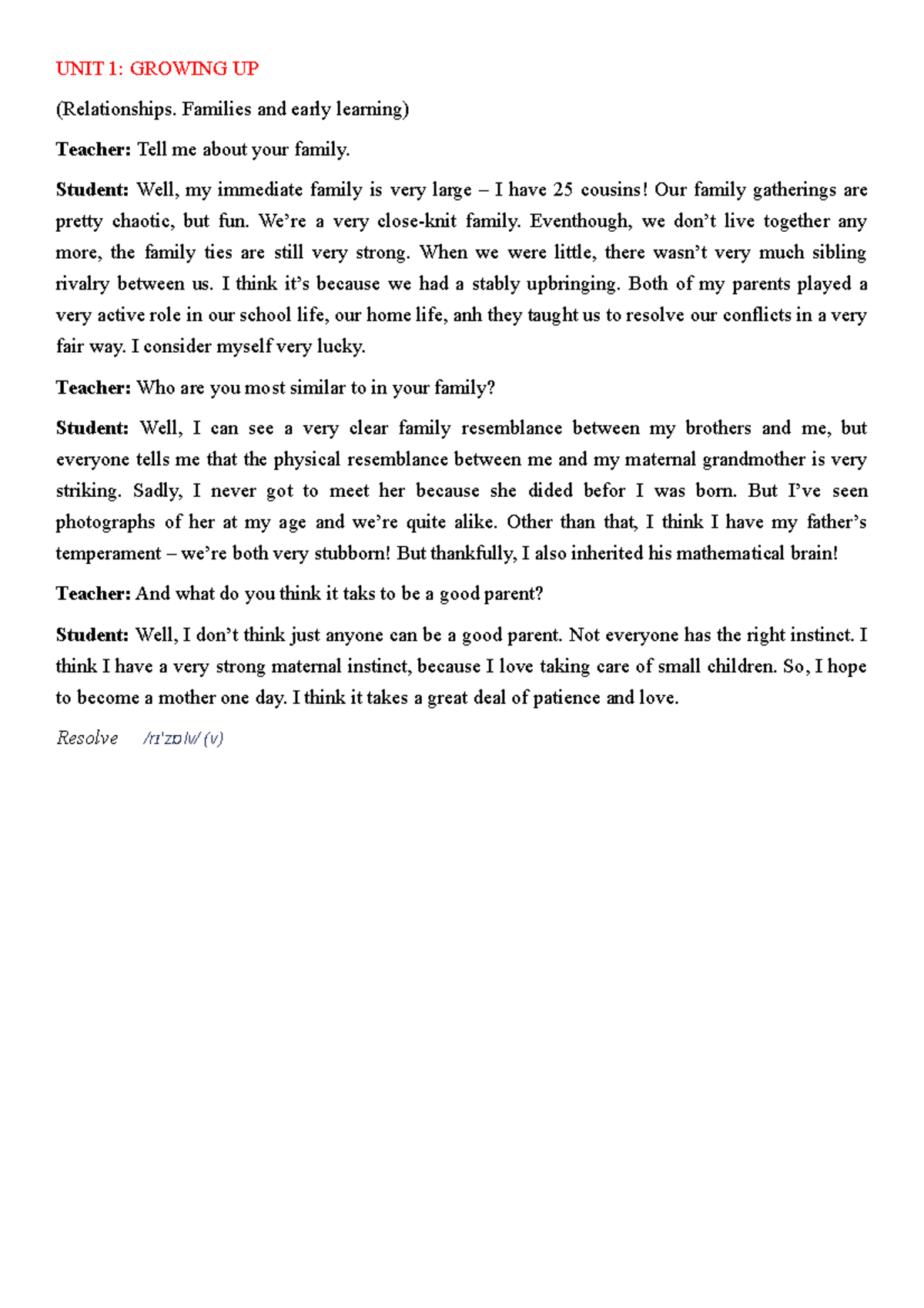 Ielts Speaking (made by me) - UNIT 1: GROWING UP (Relationships ...