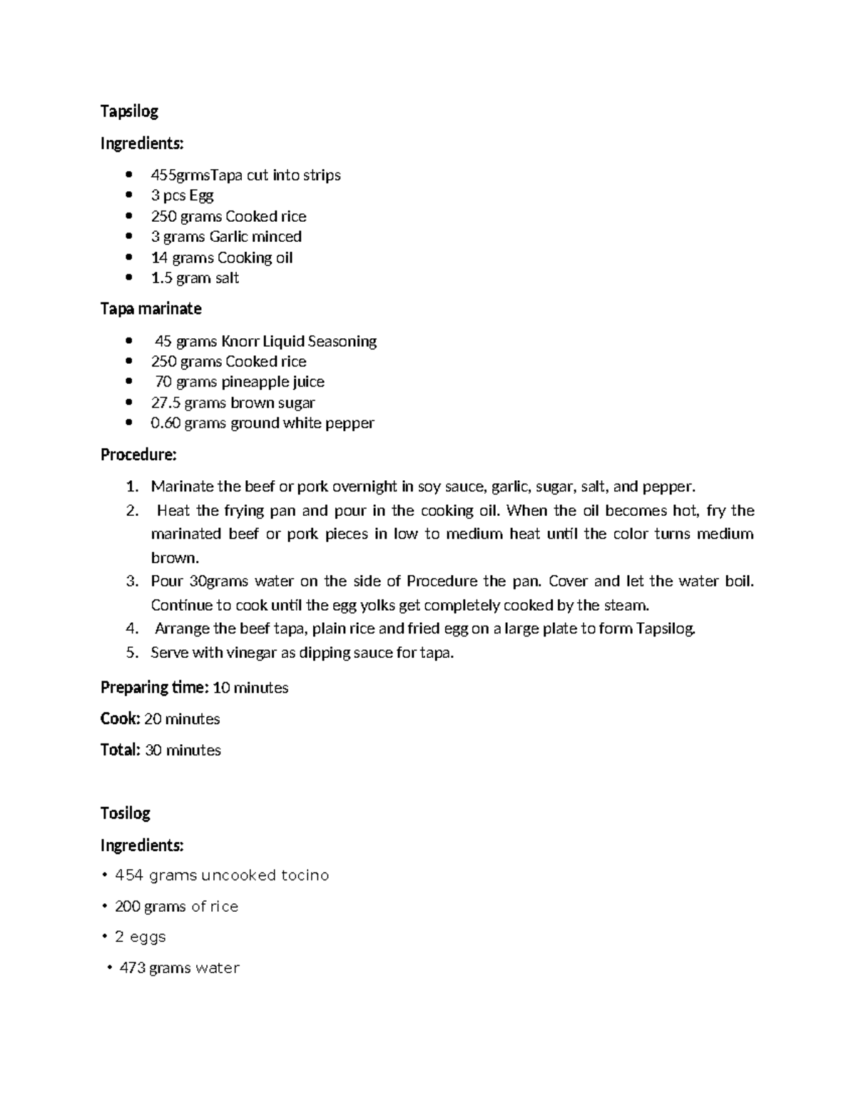Siloggggg recipe - Summary Hospitality Management - Tapsilog ...