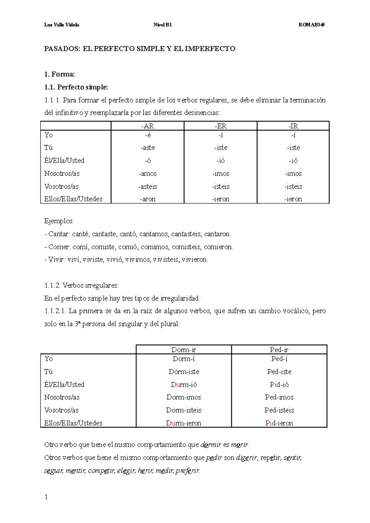 3.a. Perfecto simple e imperfecto - PASADOS: EL PERFECTO SIMPLE Y EL ...