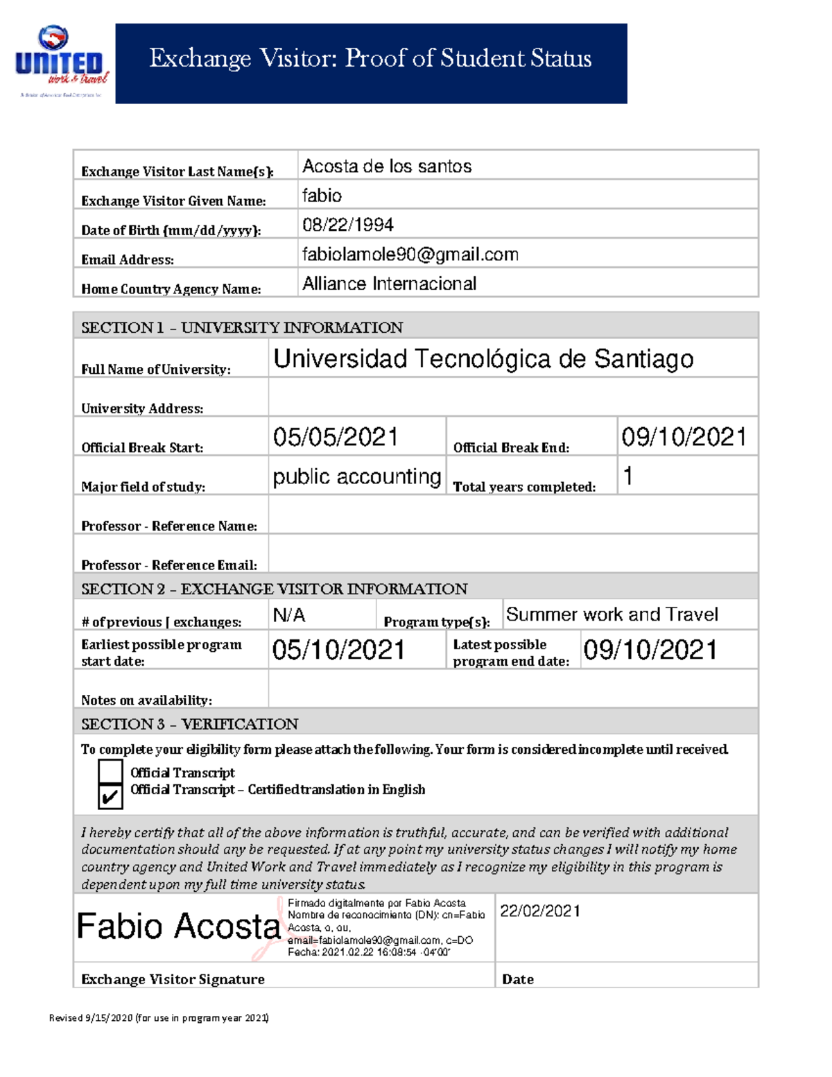 Exchange Visitor - Proof of Student Status (2021) Fabio Acosta De Los ...