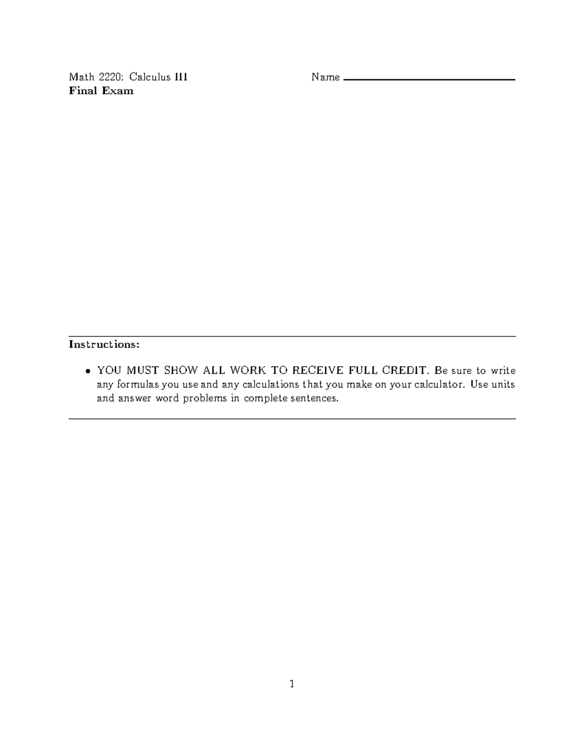 Final Exam Su24 Math 2220 Calculus Iii Name Final Exam Instructions