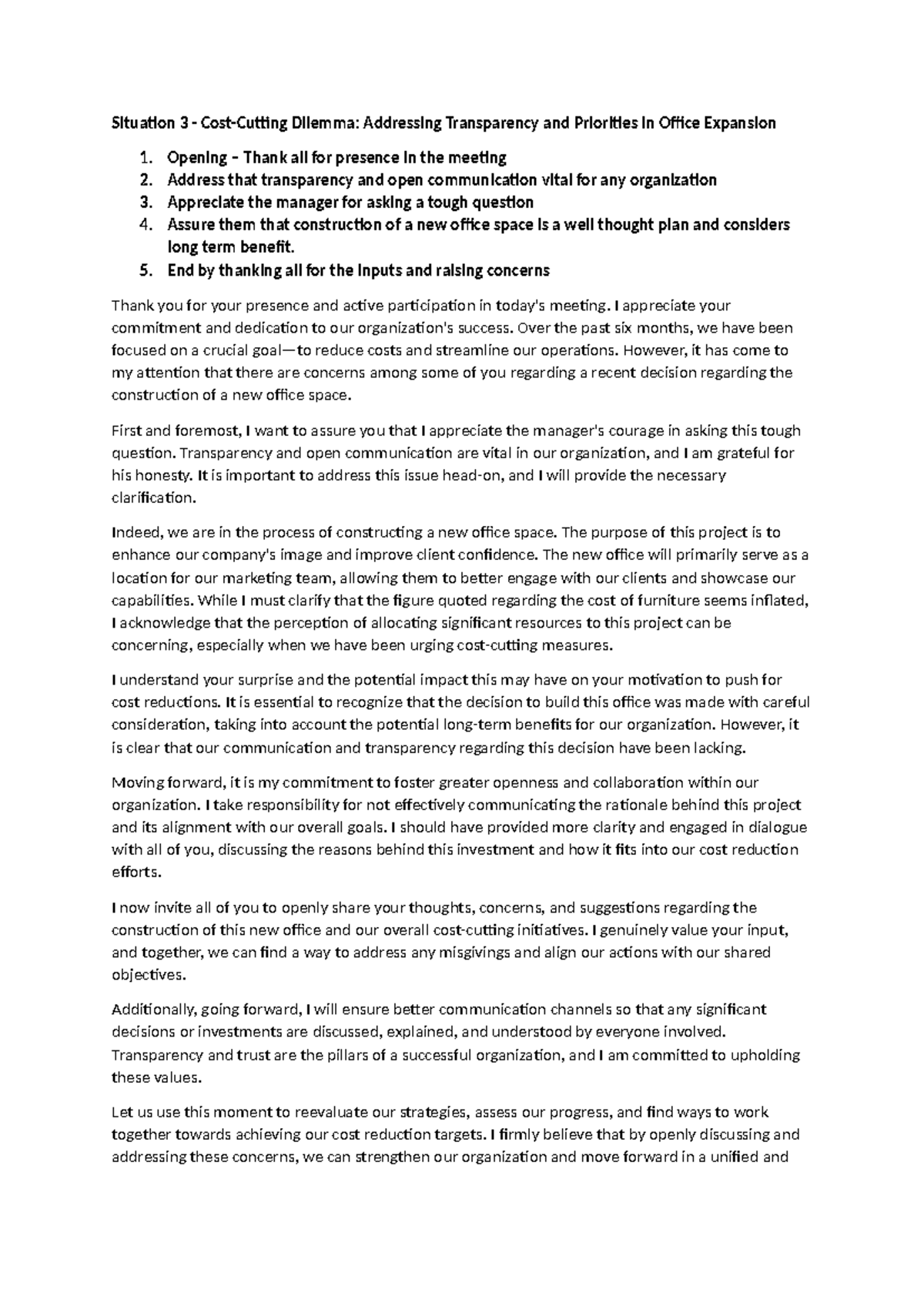 Situations MC - feedback - Situation 3 - Cost-Cutting Dilemma: Addressing Transparency and - Studocu