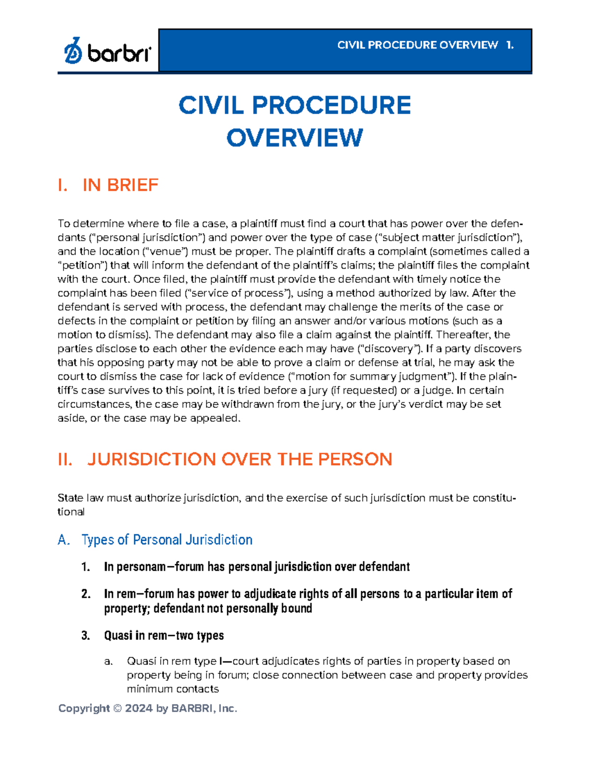 Barbari Civ Pro outline 2024 - CIVIL PROCEDURE OVERVIEW 1. CIVIL ...