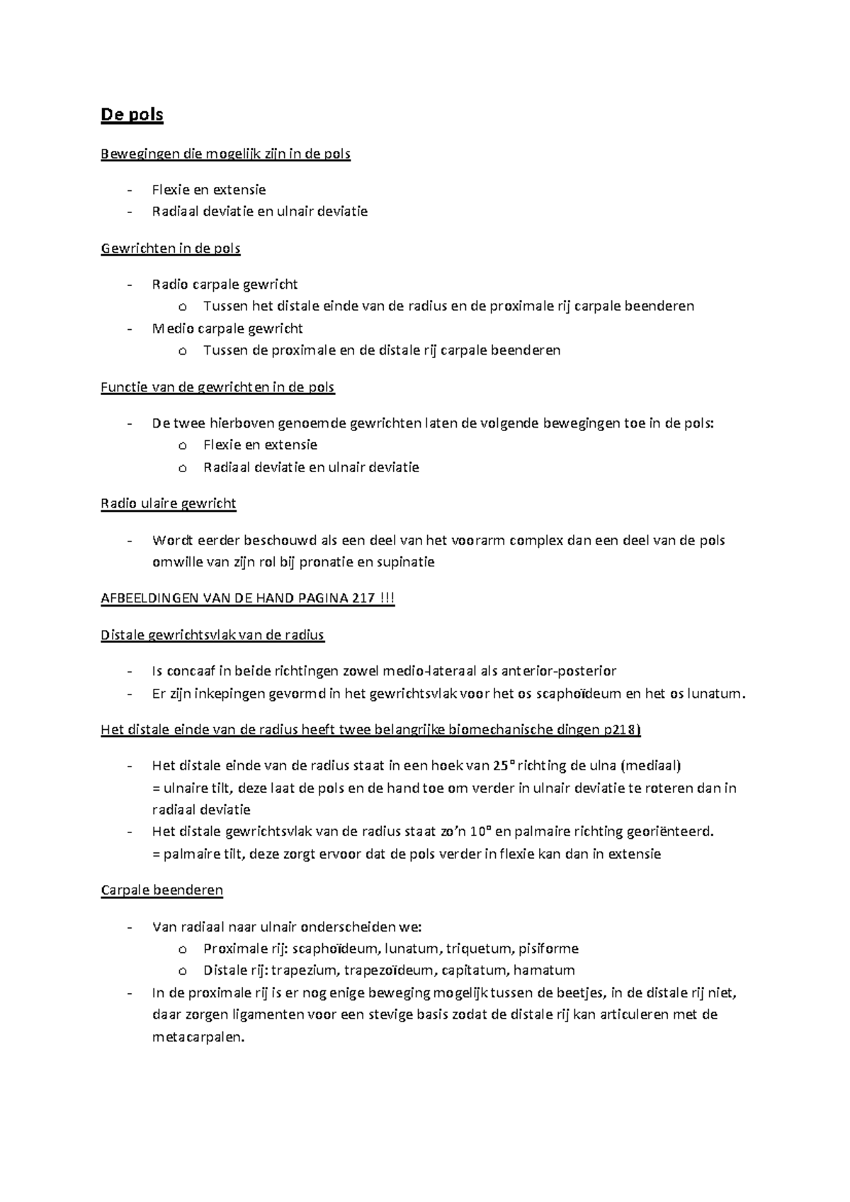 De Pols - De pols Bewegingen die mogelijk zijn in de pols Flexie en ...