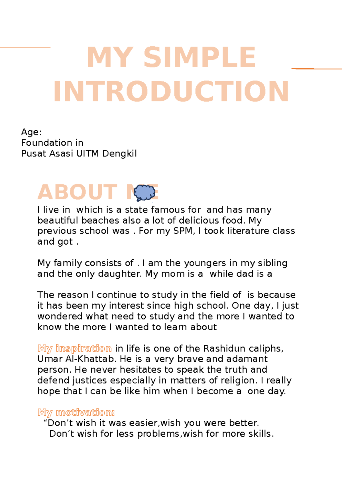 MY Simple Introduction - MY SIMPLE INTRODUCTION Age: Foundation in ...
