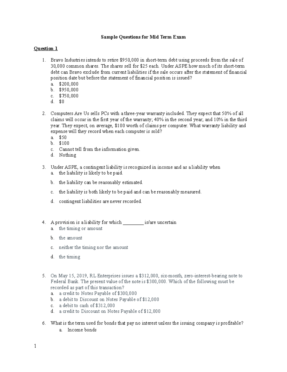Sample/practice exam, questions - Sample Questions for Mid Term Exam ...