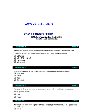 CS615 - MCQs Mega File - Question # 1 of 10 ( Start time: 09:29:50 AM ) Total Marks: 1 The ...