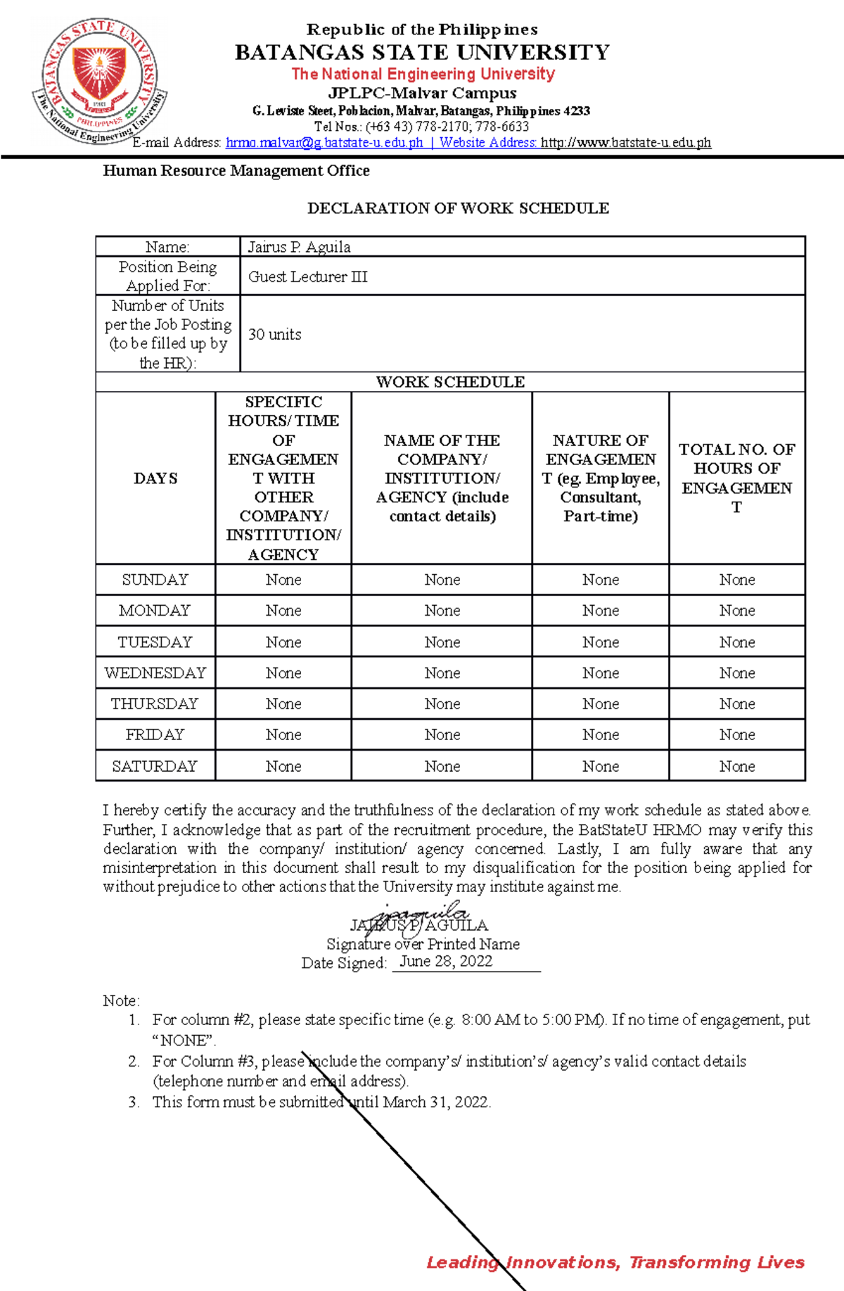 Declaration OF WORK Schedule JUNE 2022 - Republic of the Philippines ...