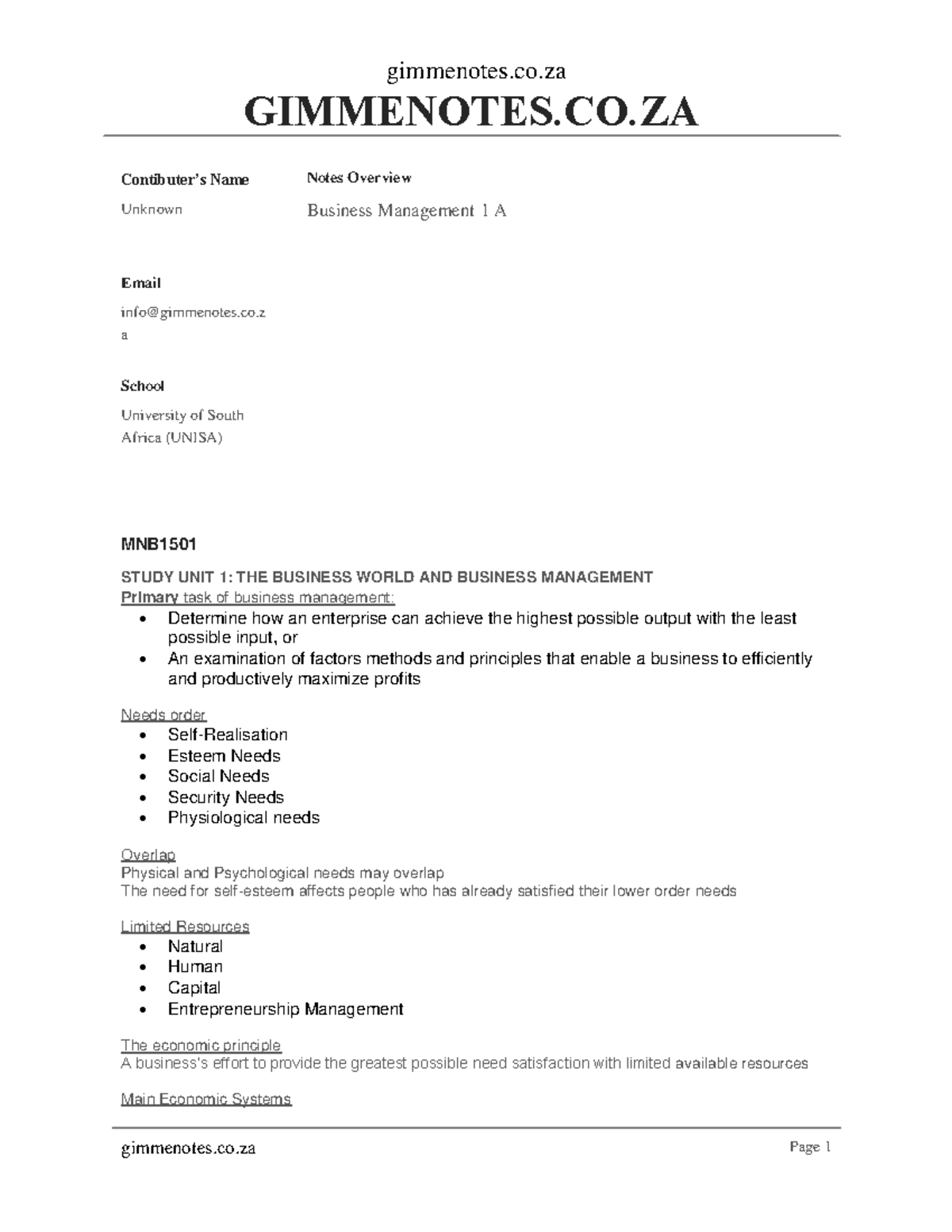 MNB1501-Notes-2 - Lecture notes 1 - GIMMENOTES.CO Notes Overview ...