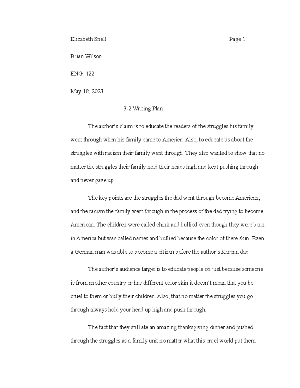 Eng 122 Writing Plan - Elizabeth Snell Page 1 Brian Wilson ENG. 122 May ...