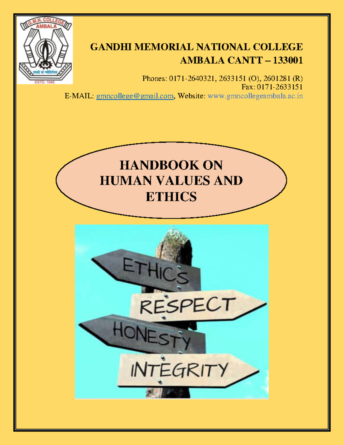 Handbook Manual on Human Values - GANDHI MEMORIAL NATIONAL COLLEGE ...