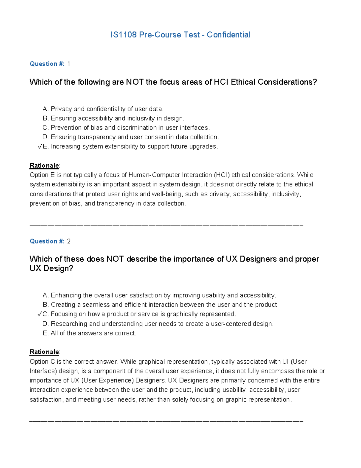 IS1108 Pre-Course Test Answers - IS1108 Pre-Course Test - Confidential ...