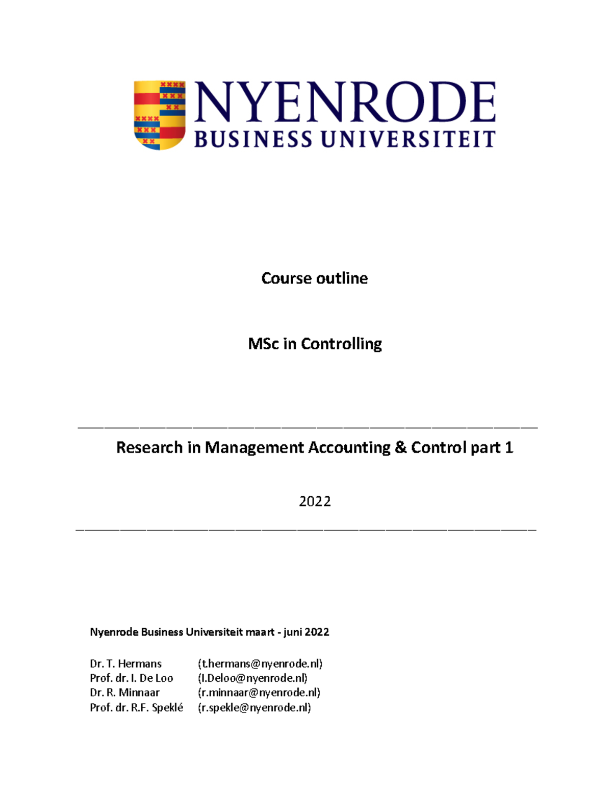 Course Outline RIMAC 2022 - Course outline MSc in Controlling - Studeersnel