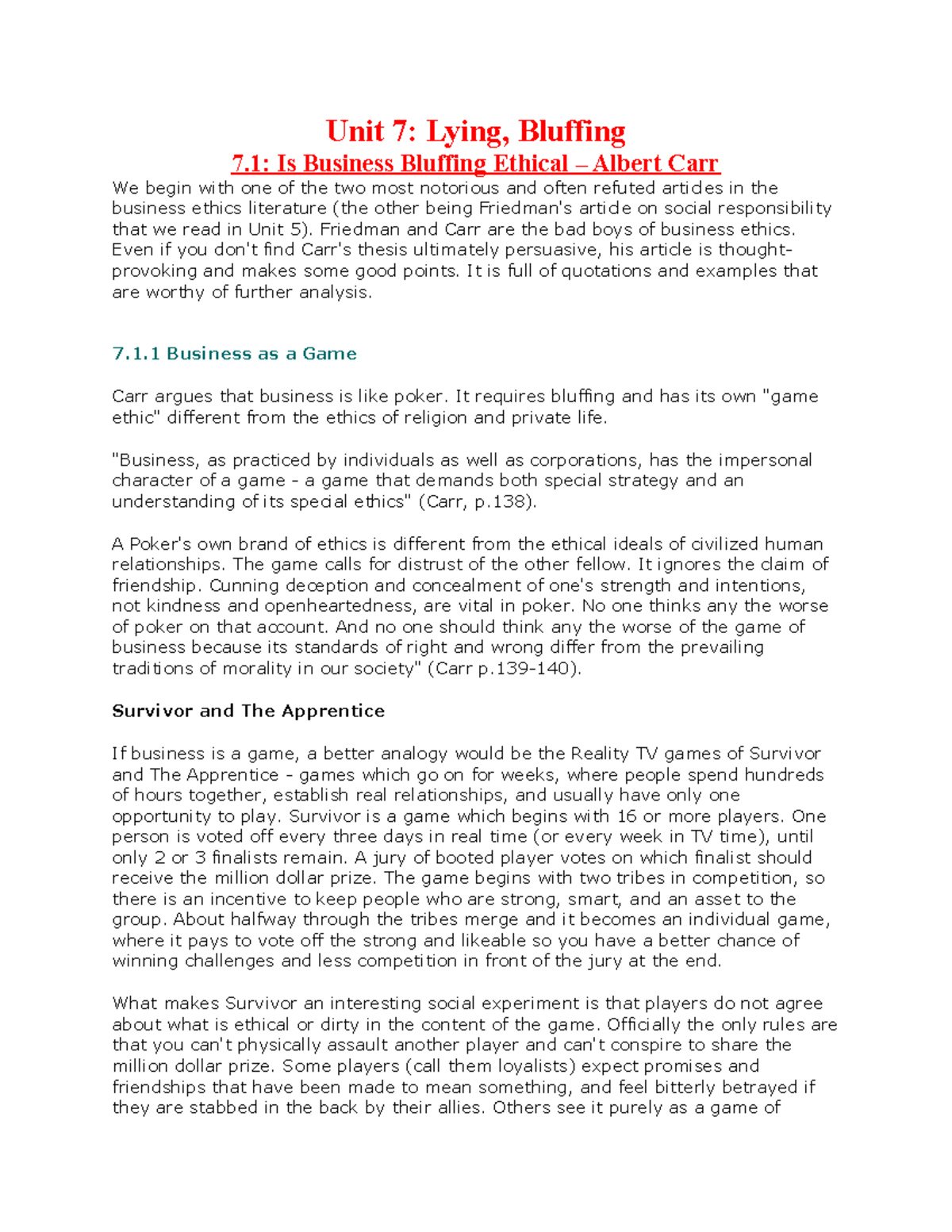 Unit 7 Biz Ethic - teachers notes - Unit 7: Lying, Bluffing 7: Is ...