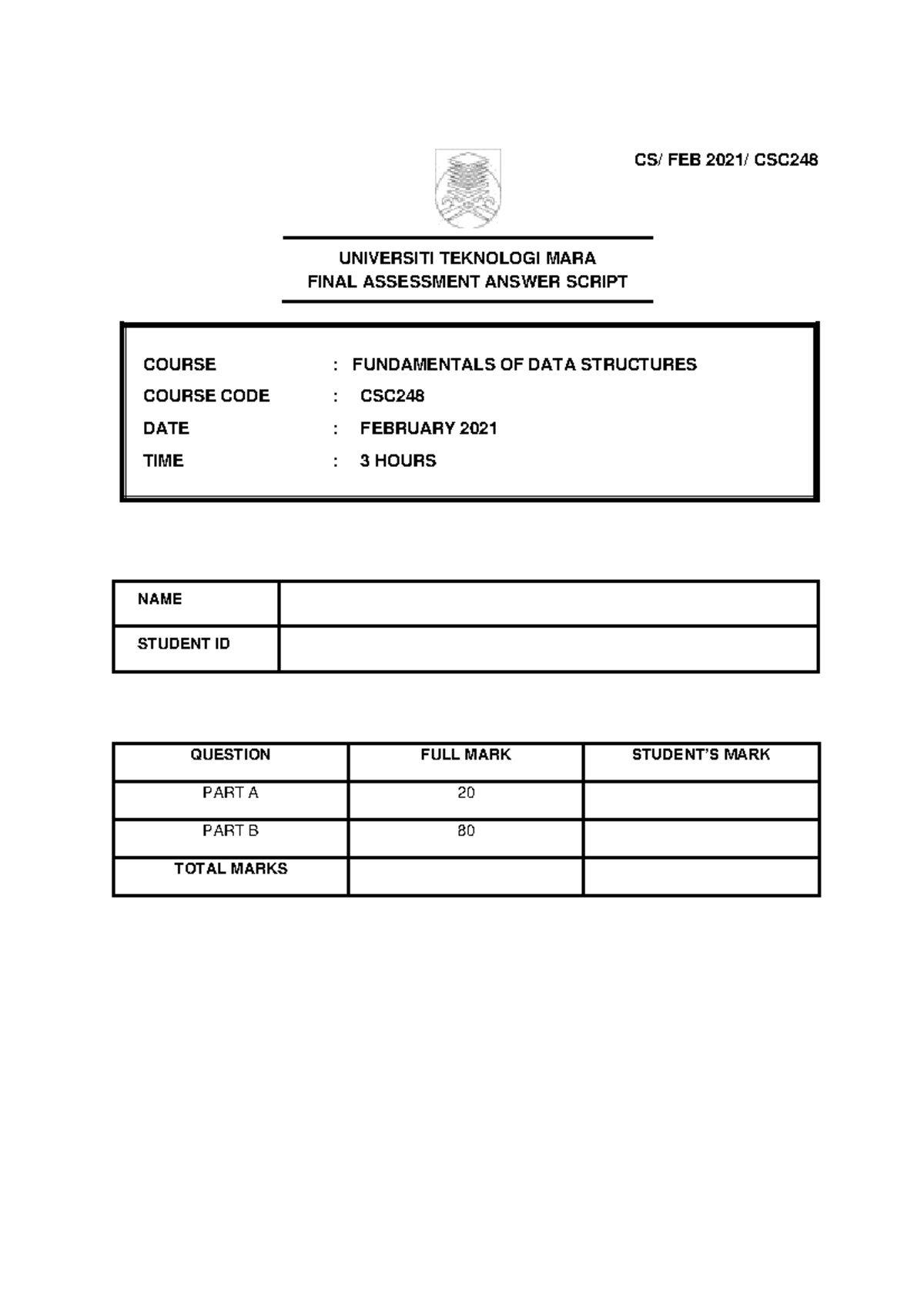 CSC248 Tutorial - UNIVERSITI TEKNOLOGI MARA FINAL ASSESSMENT ANSWER ...