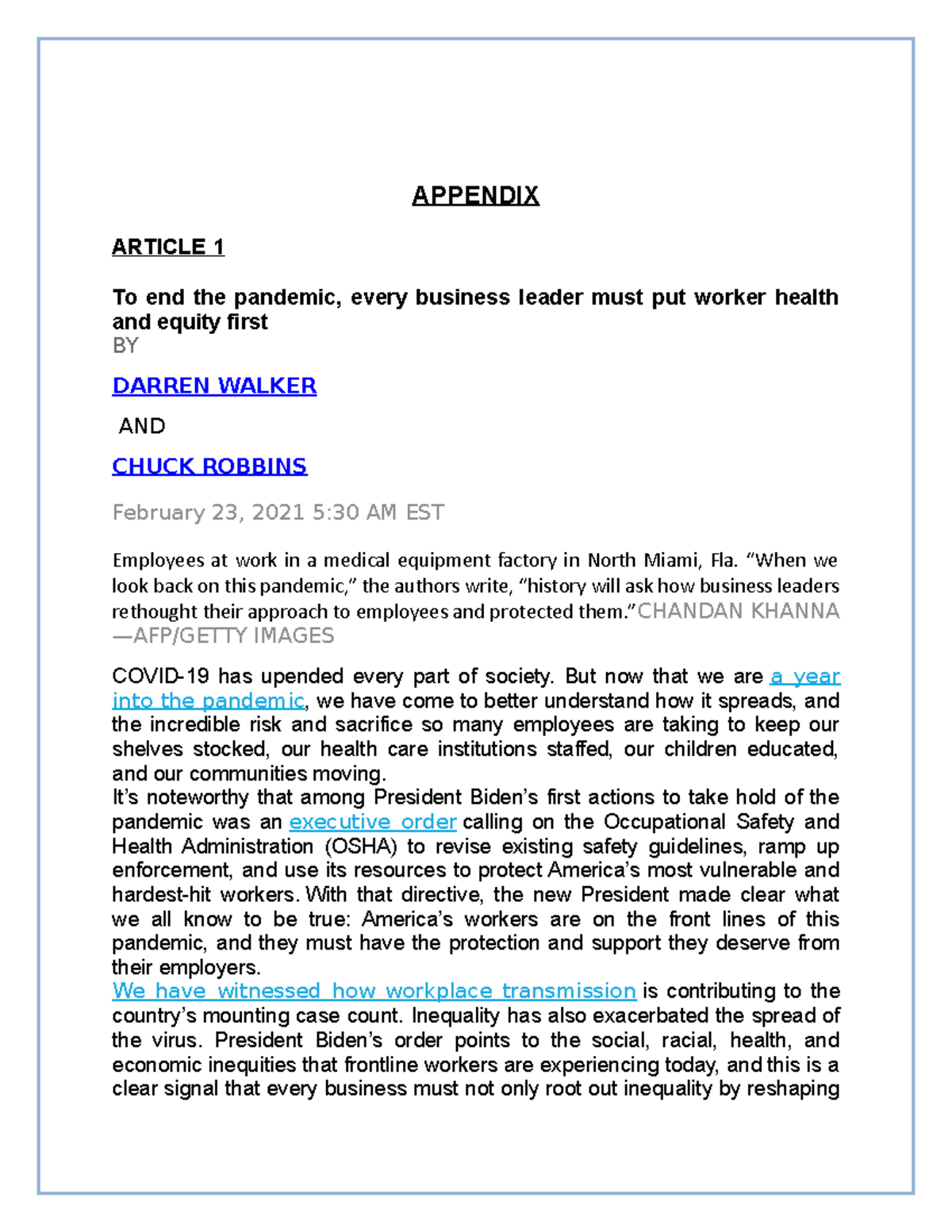 Appendix - assignment - APPENDIX ARTICLE 1 To end the pandemic, every business leader must put ...