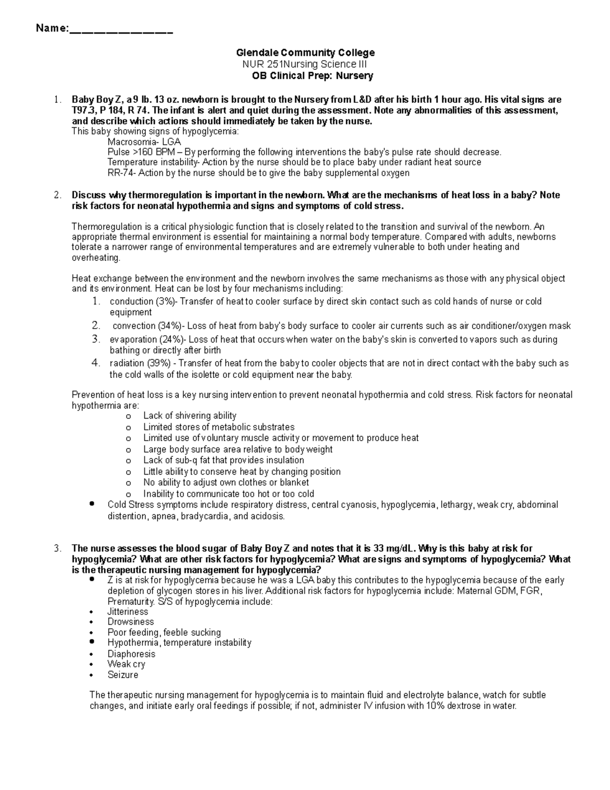 Nsy Clinical prep sheet - Name:_________________ Glendale Community ...