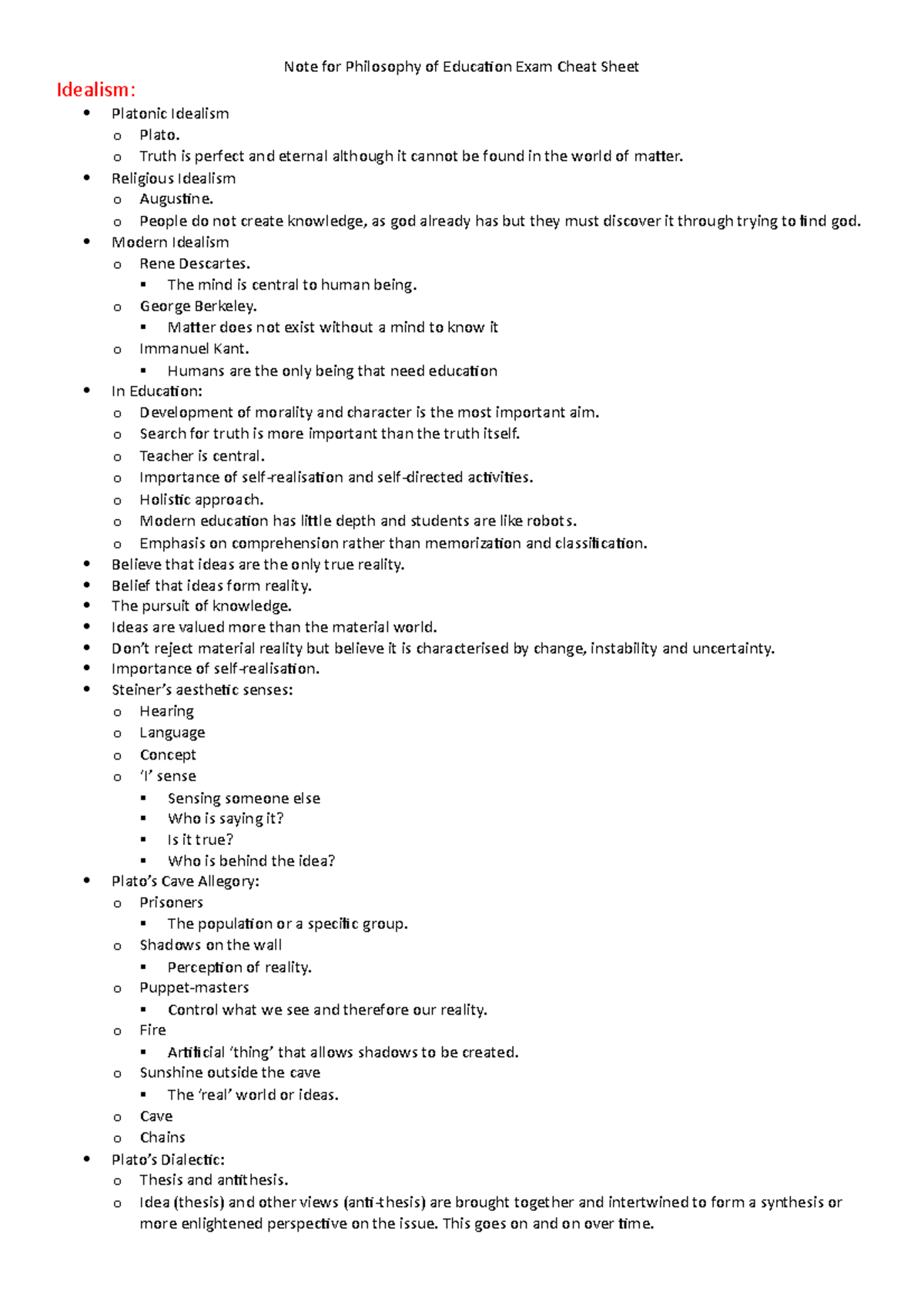 Note for Philosophy of Education Exam Cheat Sheet - Idealism: Platonic ...