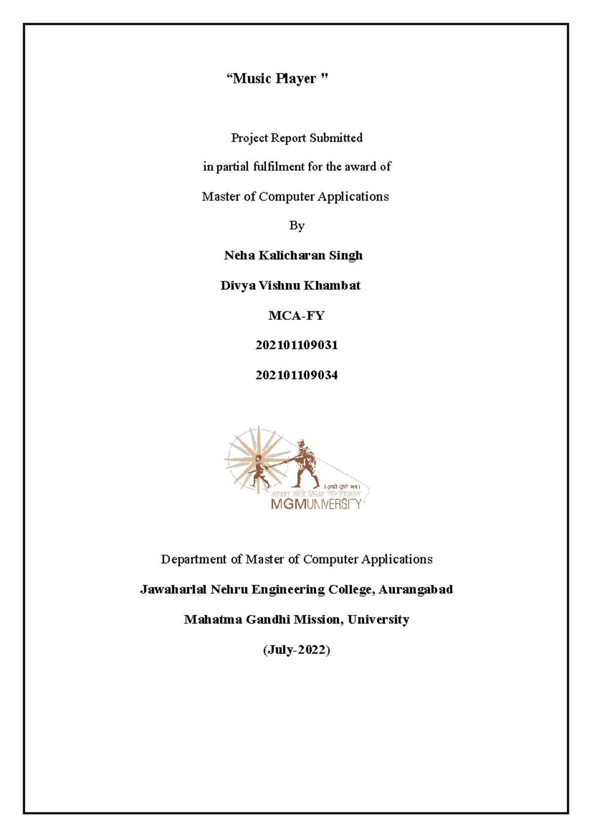 Music Player Report - “Music Player " Project Report Submitted in ...