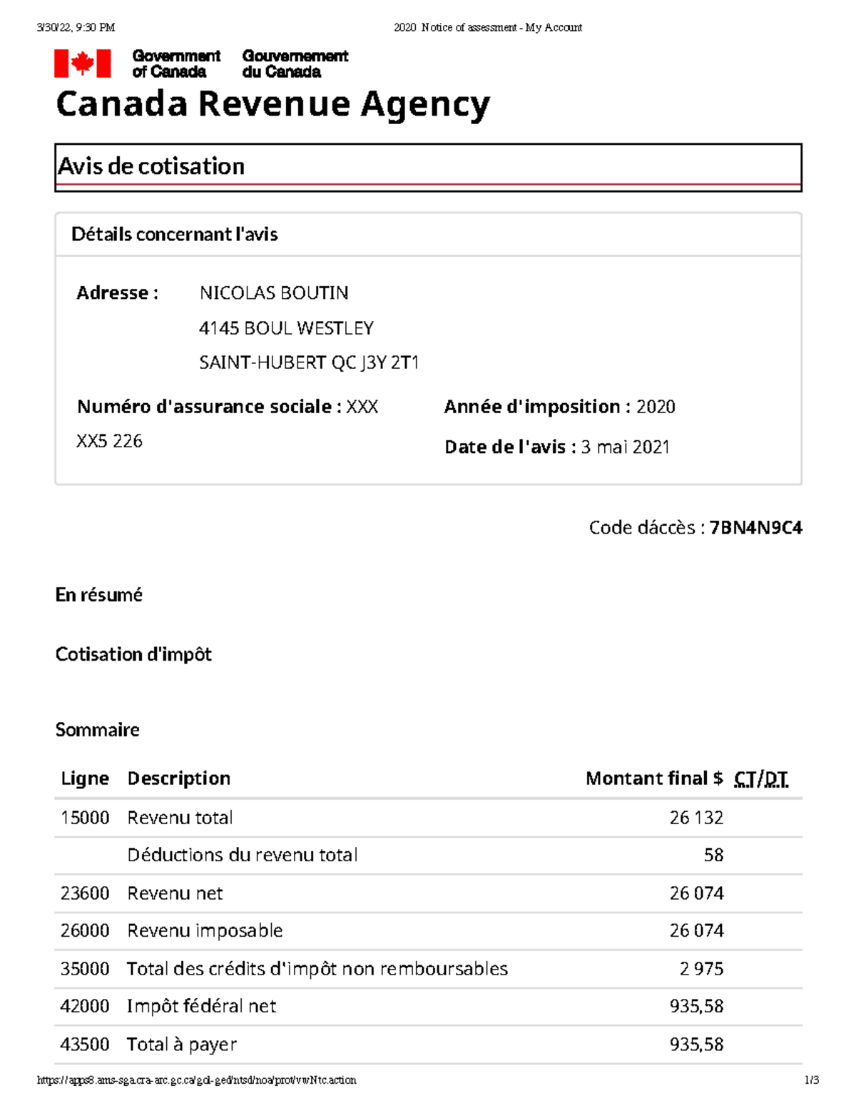 2020 Notice of assessment - My Account - 3/30/22, 9:30 PM 2020 Notice ... 2020 Notice of assessment - My Account - 3/30/22, 9:30 PM 2020 Notice ...