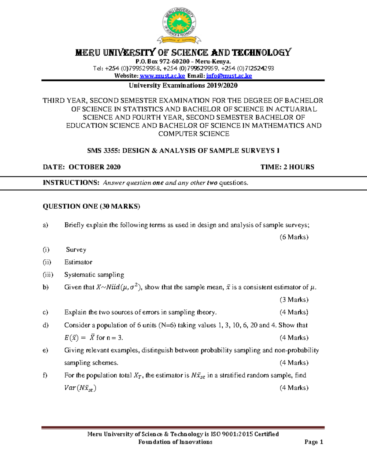 SMS 3355 Design Analysis of Sample Surveys - Meru University of Science ...