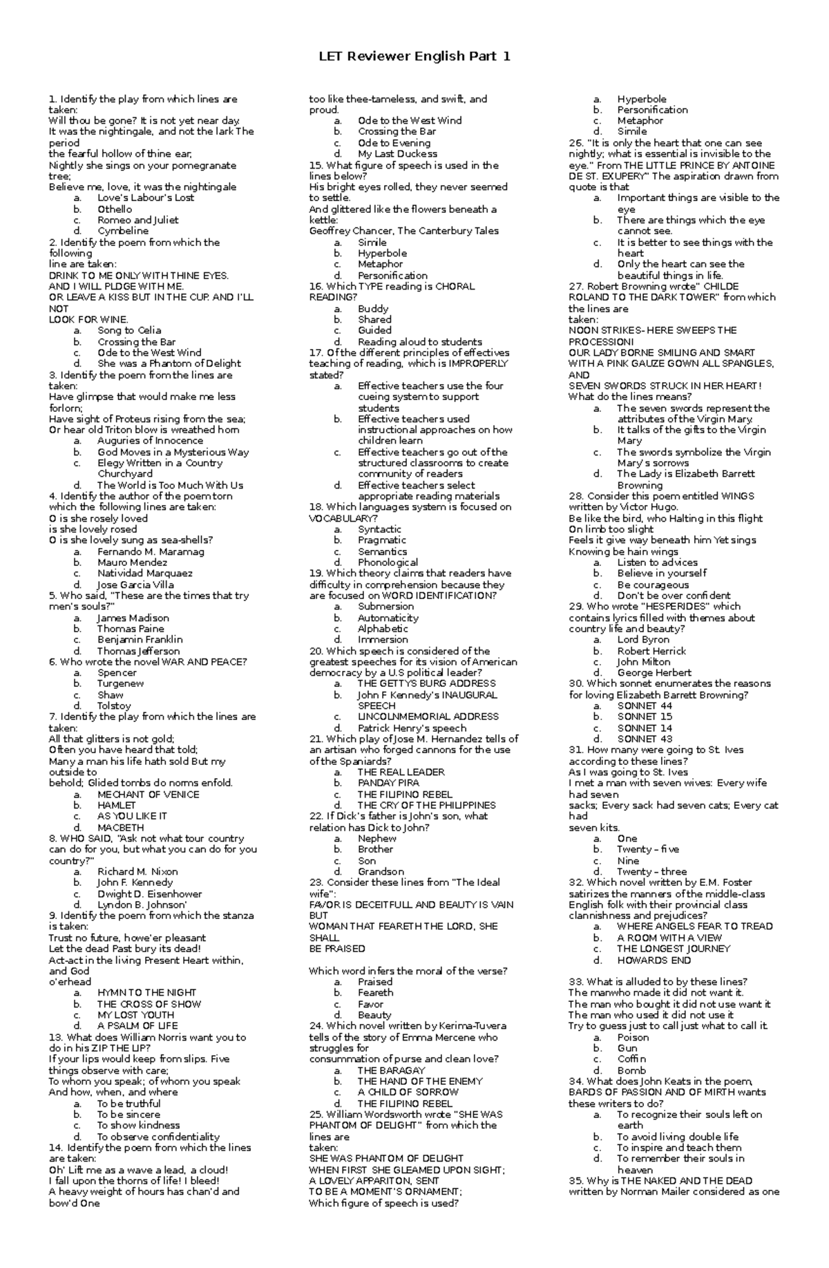 English P1 - reviewer - 1. Identify the play from which lines are taken: Will thou be gone? It ...