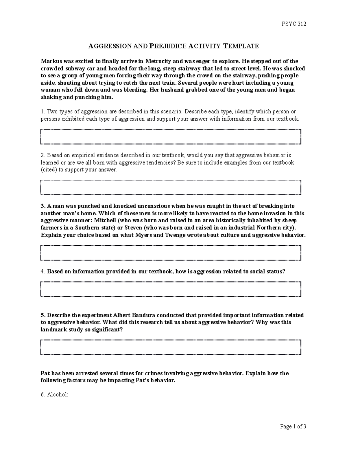Aggression and Prejudice Activity Template - PSYC 312 AGGRESSION AND ...