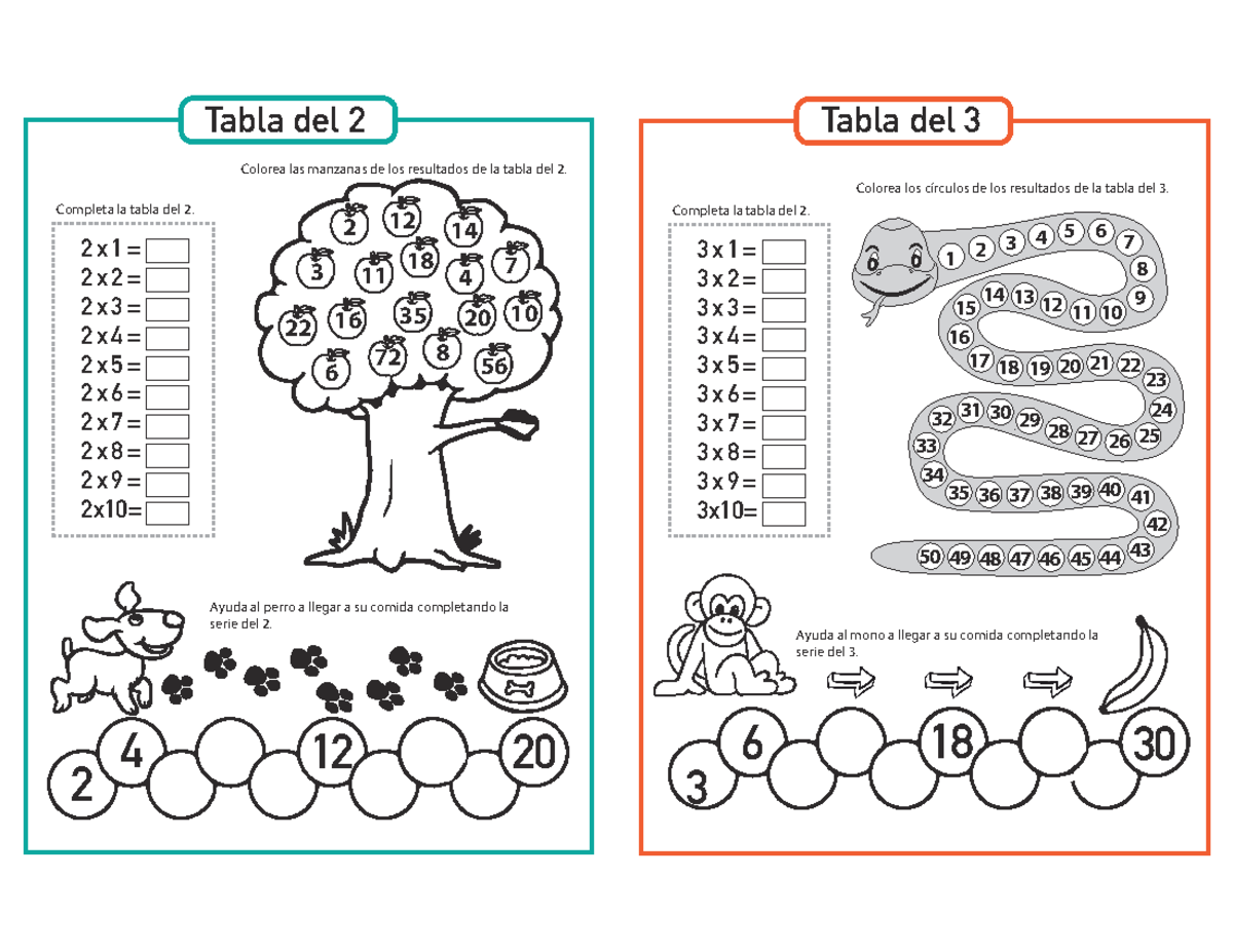 Tablas 2 al 9 - 2 x 1 = 2 x 2 = 2 x 3 = 2 x 4 = 2 x 5 = 2 x 6 = 2 x 7 ...