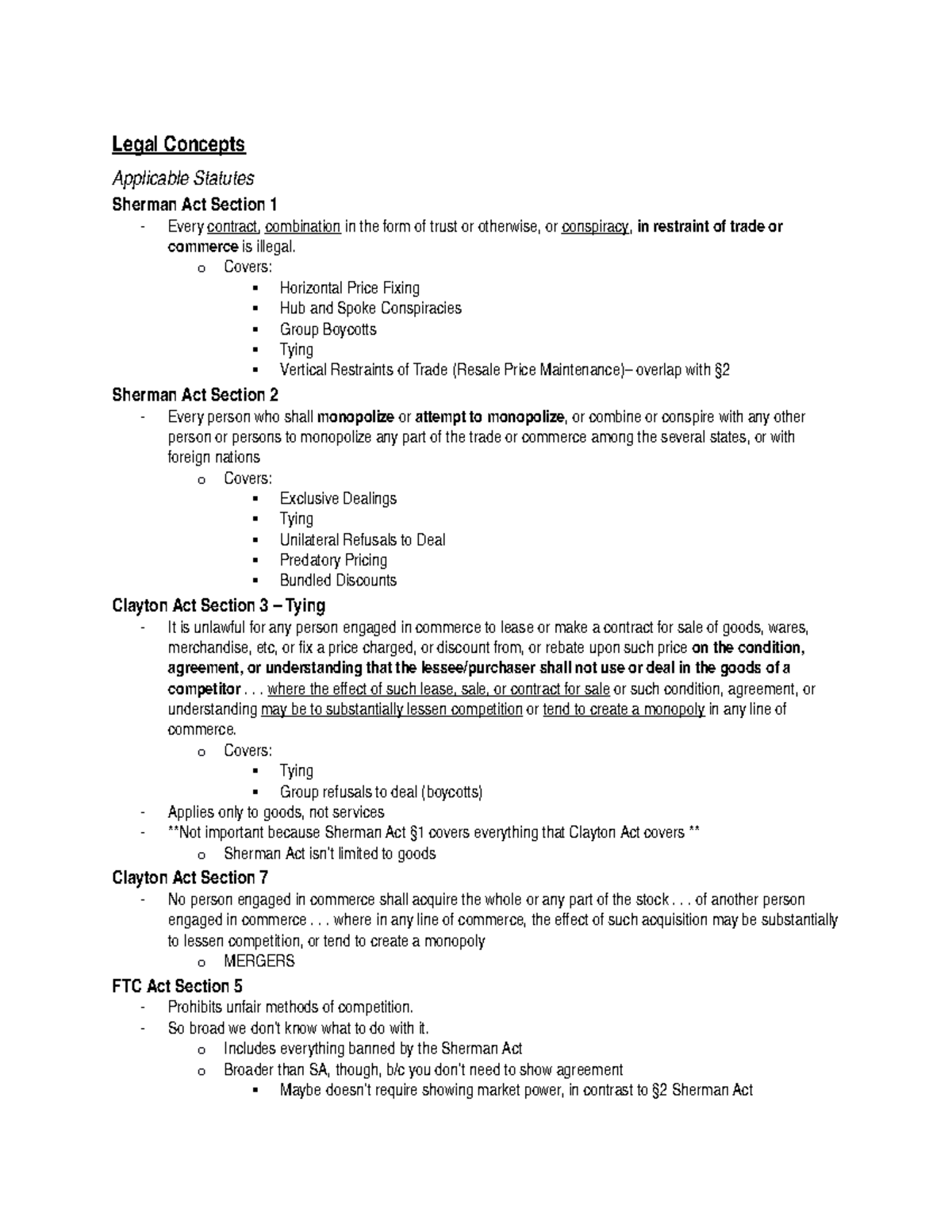 Antitrust 1 - Legal Concepts Applicable Statutes Sherman Act Section 1 ...