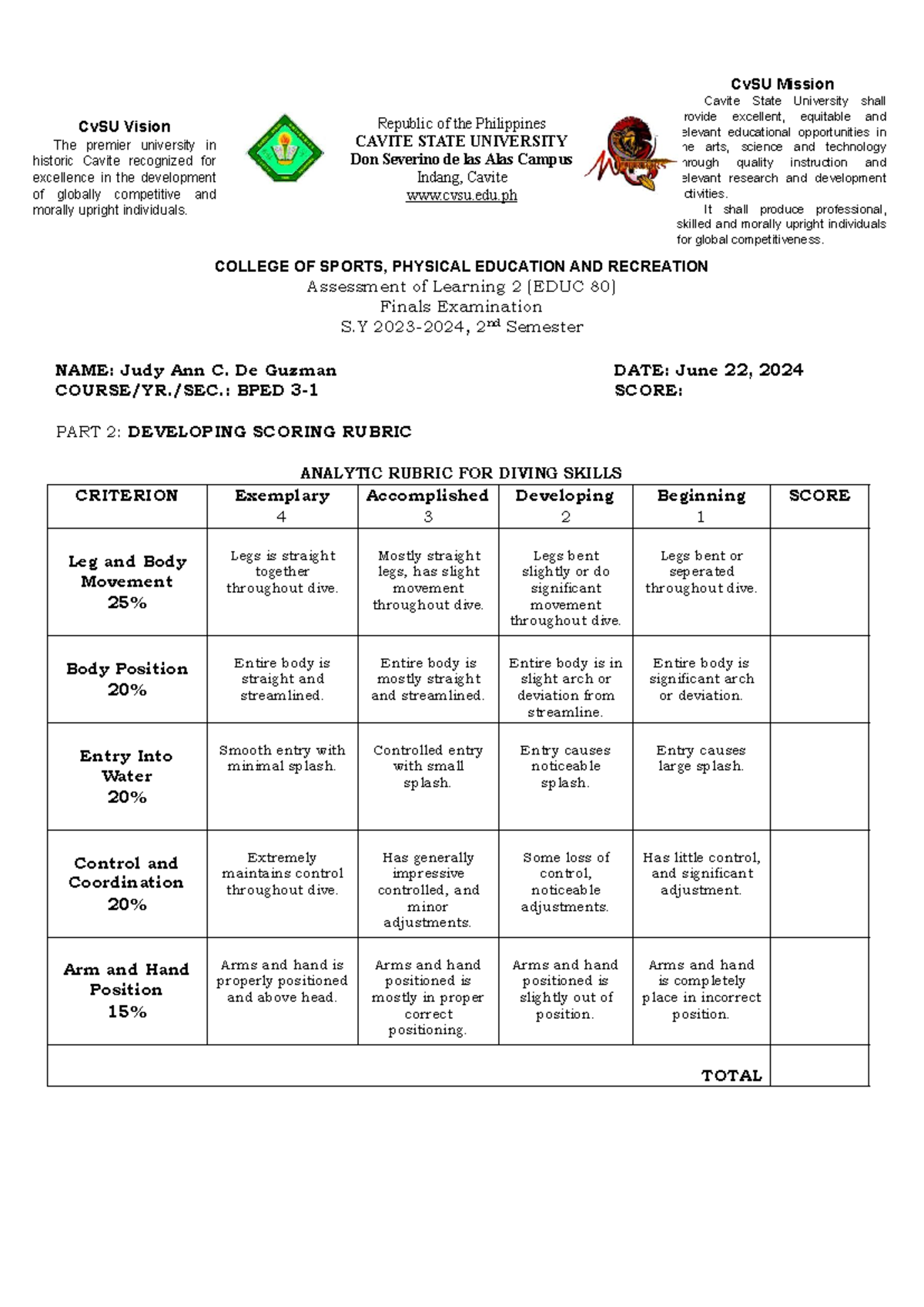 EDUC-80 Finals- Sample- Rubrics 2 - Republic of the Philippines CAVITE ...