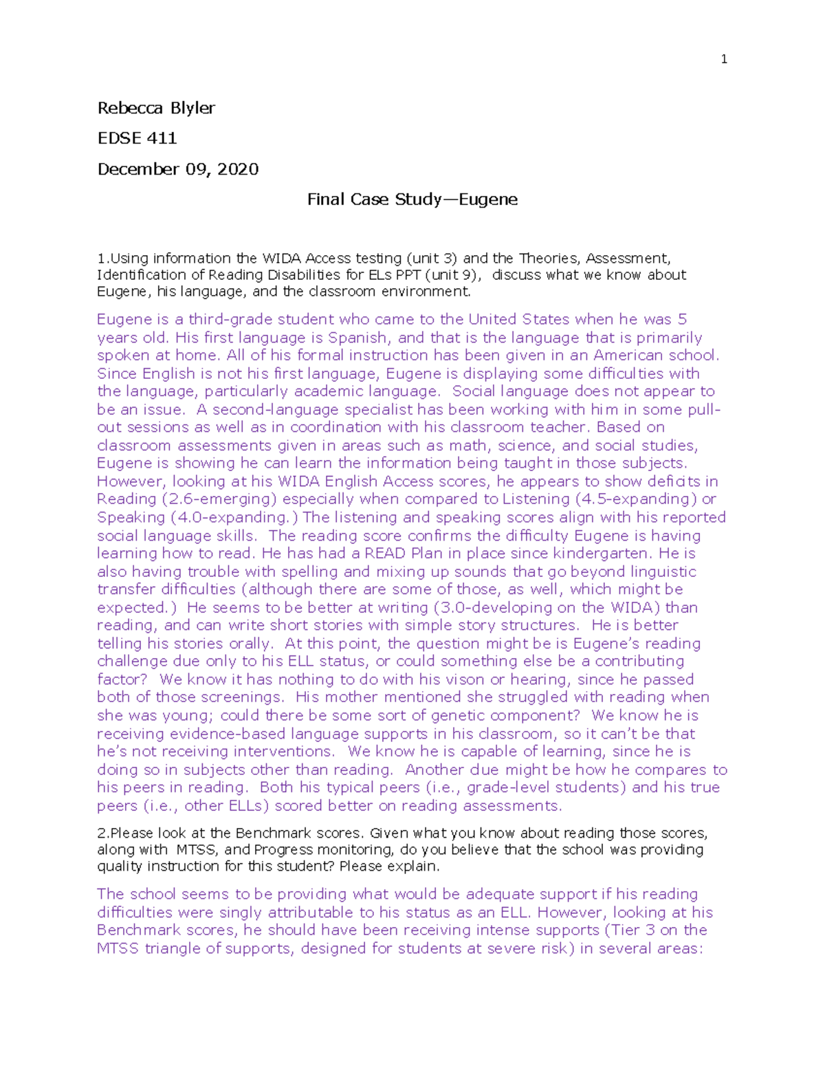 EDSE 411 Final Case Study - Rebecca Blyler EDSE 411 December 09, 2020 Final Case Study—Eugene 1 ...